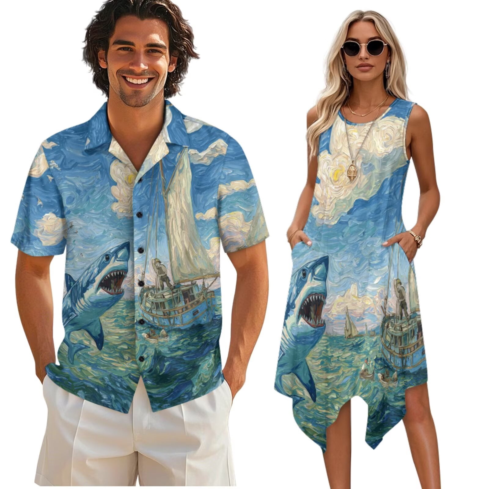 Psesaysky Shark Boat Blue Ocean Paint Womens Beach Sundress and Mens ...