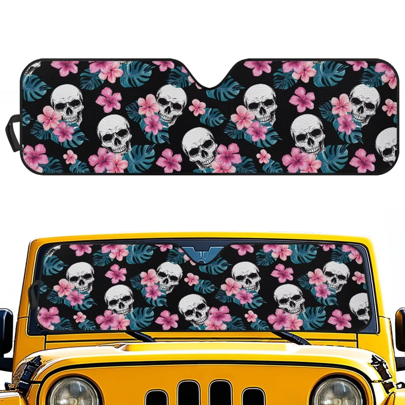 Psesaysky Skull Pink Hibiscus Leaves Windshield Sun Shade for Car Off ...