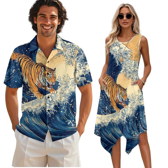Psesaysky Tiger Great Wave Print Aloha Shirts for Men Plus Size Summer ...