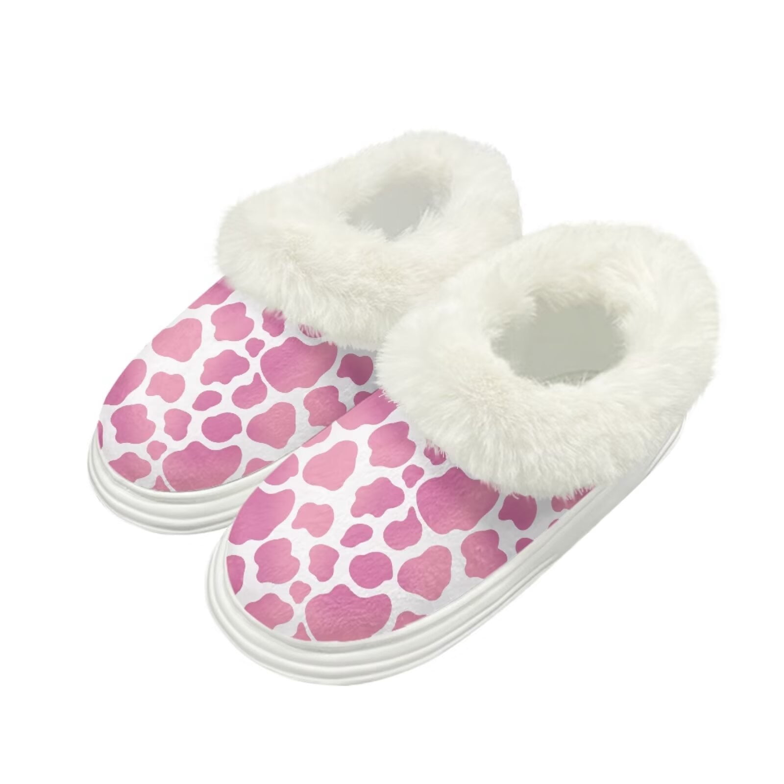 Psesaysky Womens Fuzzy Slippers Pink Cow Print Fluffy Platform Slippers ...