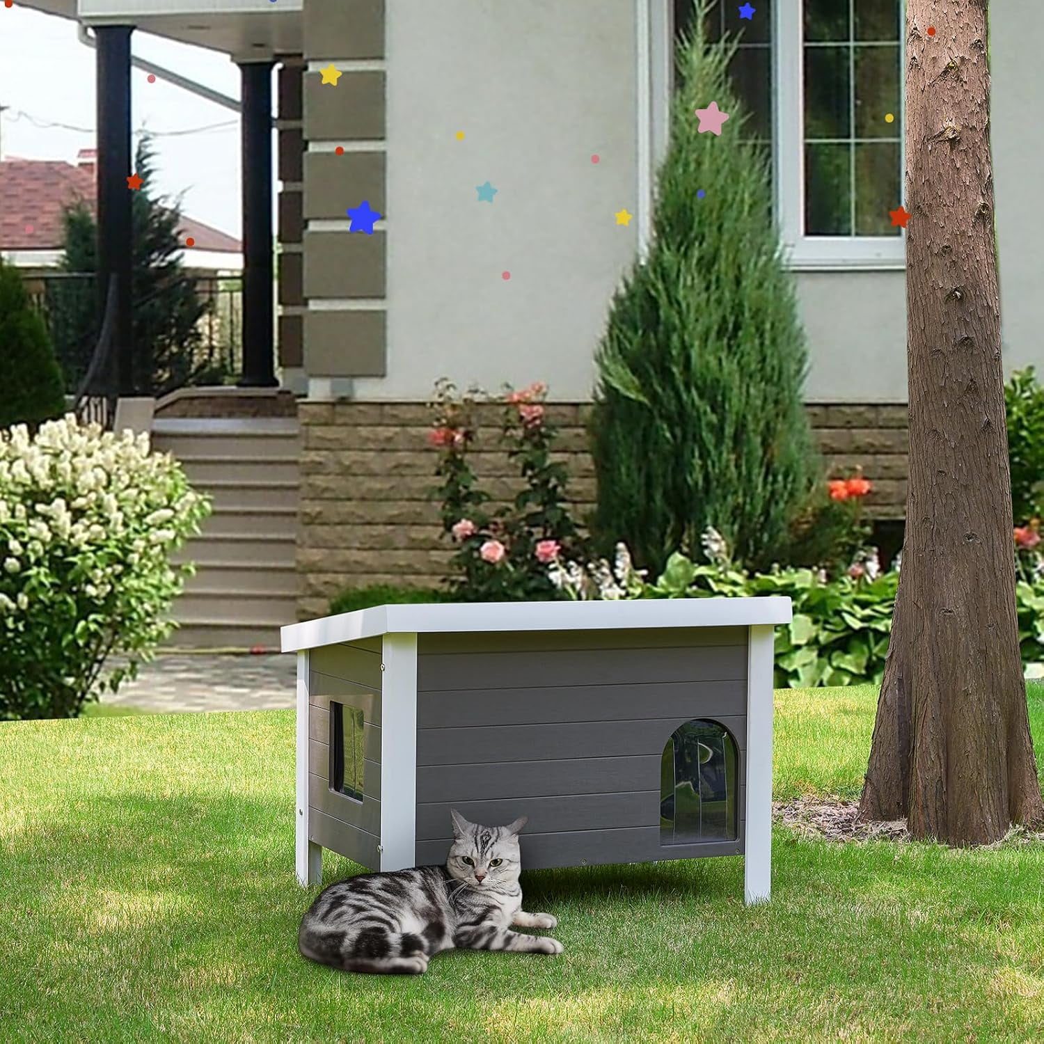Psilvam Outdoor Cat House Weatherproof, Poly Lumber Cat Houses for ...