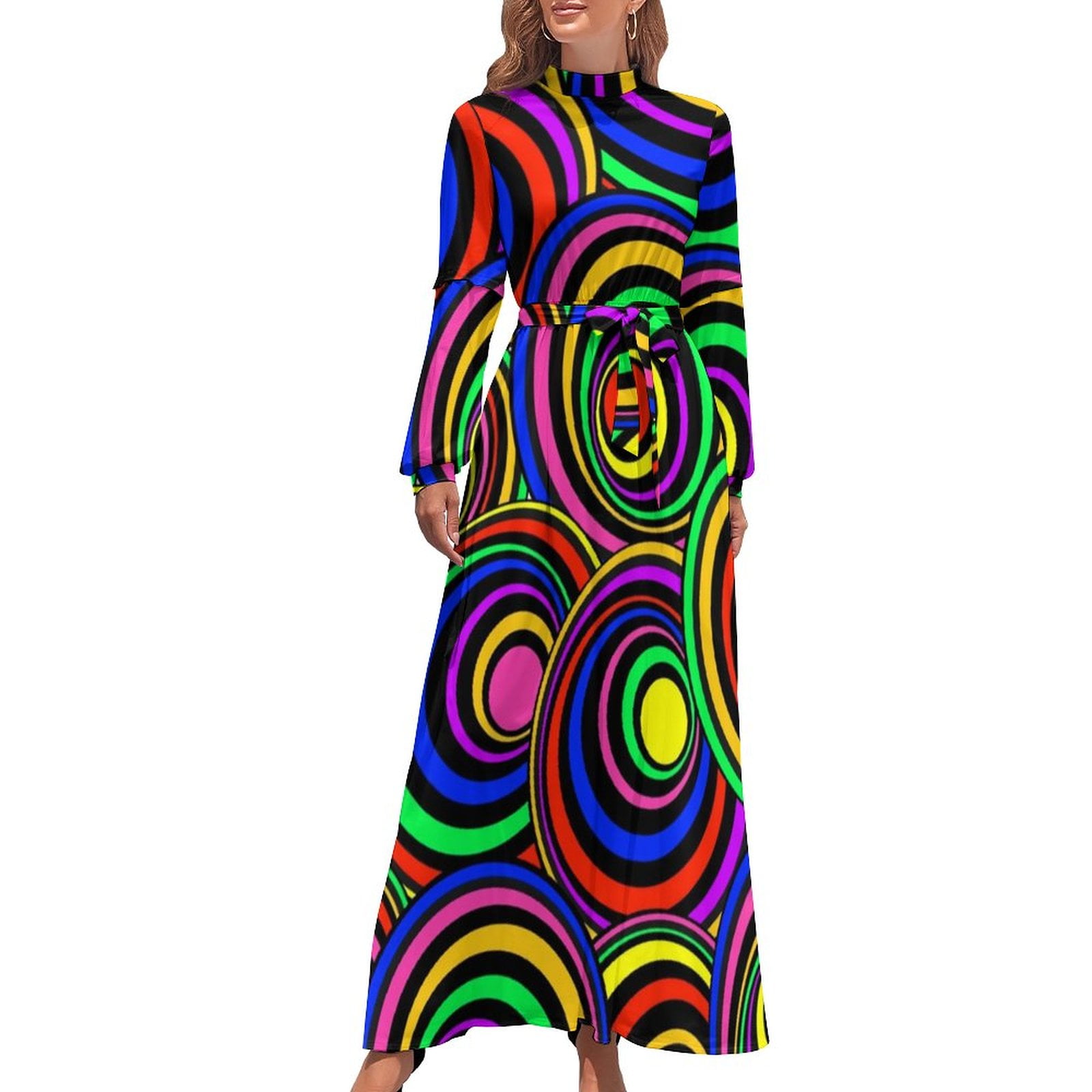 Psychedelic 60s Dress Long Sleeve Bohemia Vintage Print Maxi Dress High ...