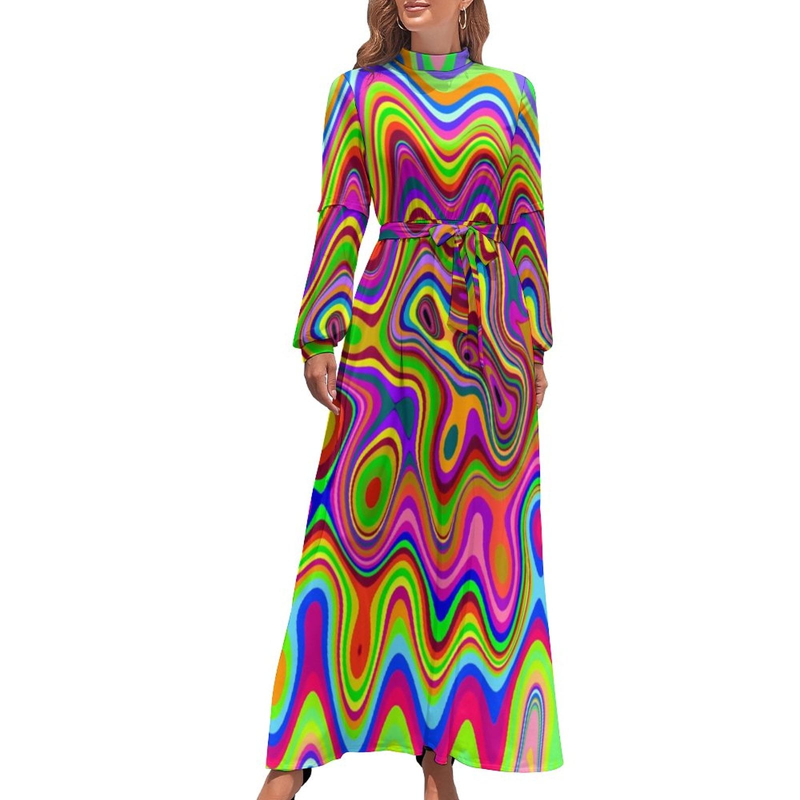Psychedelic 60s Dress Long Sleeve Bohemia Vintage Print Maxi Dress High ...