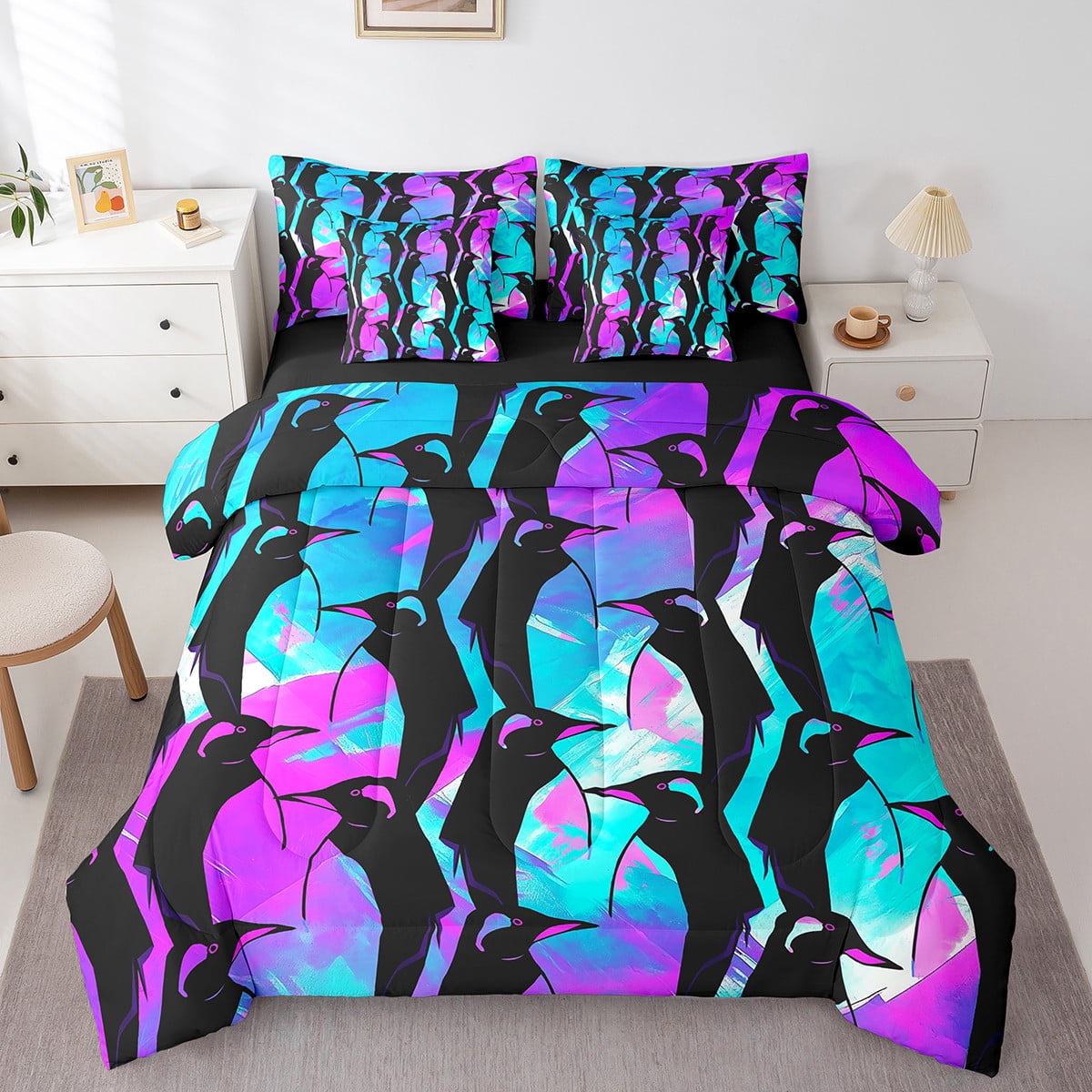 Psychedelic 7 Pcs Comforter Set Twin Size Cute Penguins Bedding ...