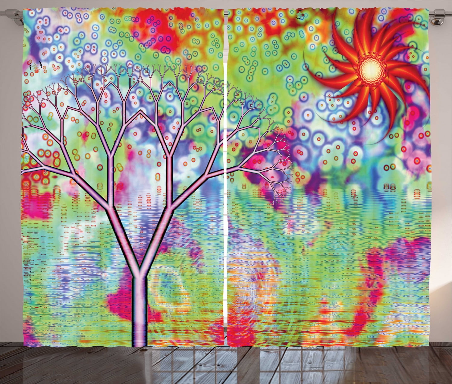 Ambesonne Digital Curtains 2 Panel Set, Abstract Lake Tree, 108" x 84 ...