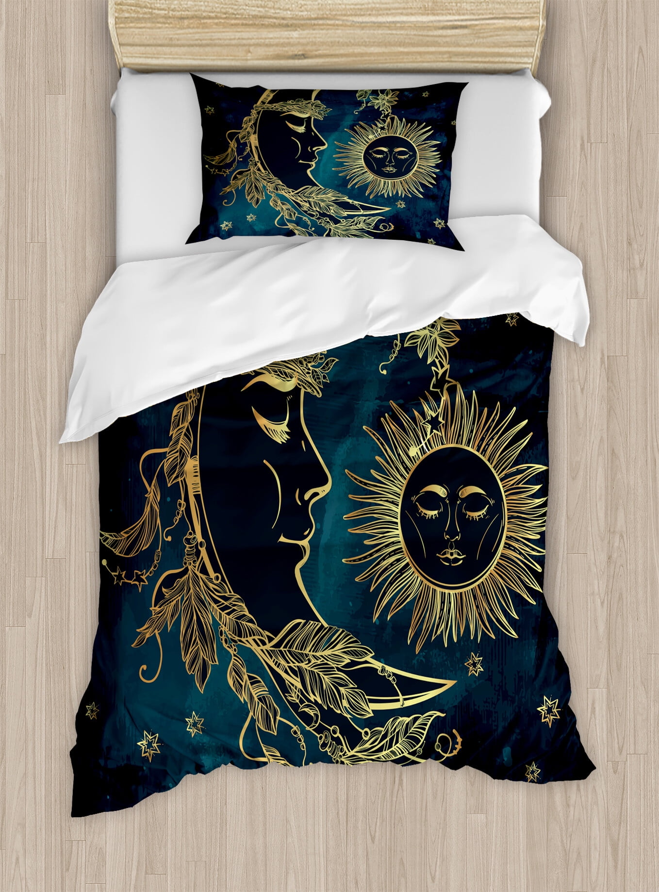 Psychedelic Duvet Cover Set, Crescent Moon with Boho Feathers Alchemy ...