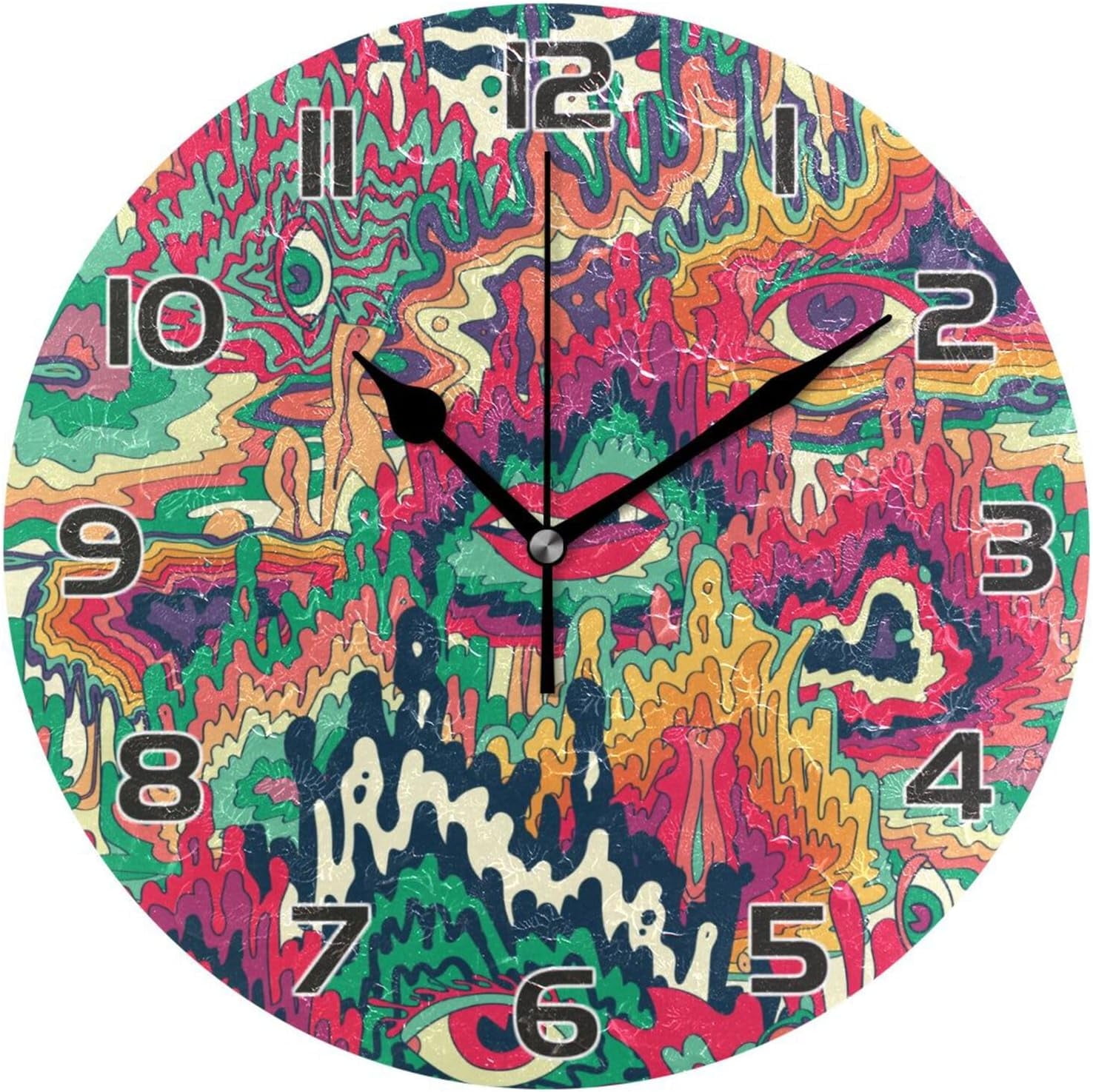 Psychedelic Eyes Wall Clock Round Vintage Silent Non Ticking Battery Operated Accurate Arabic ...