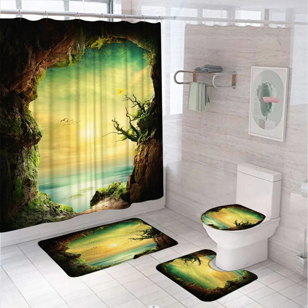 Psychedelic Fairy Tale Castle Bathroom Set Shower Curtain Rug Bath Mat Lid Toilet Cover Cave ...
