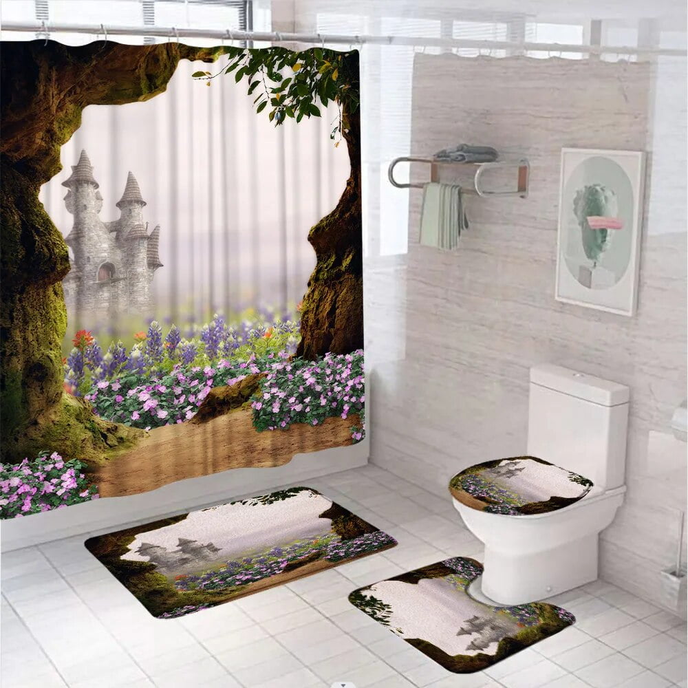 Psychedelic Fairy Tale Castle Bathroom Set Shower Curtain Rug Bath Mat Lid Toilet Cover Cave ...