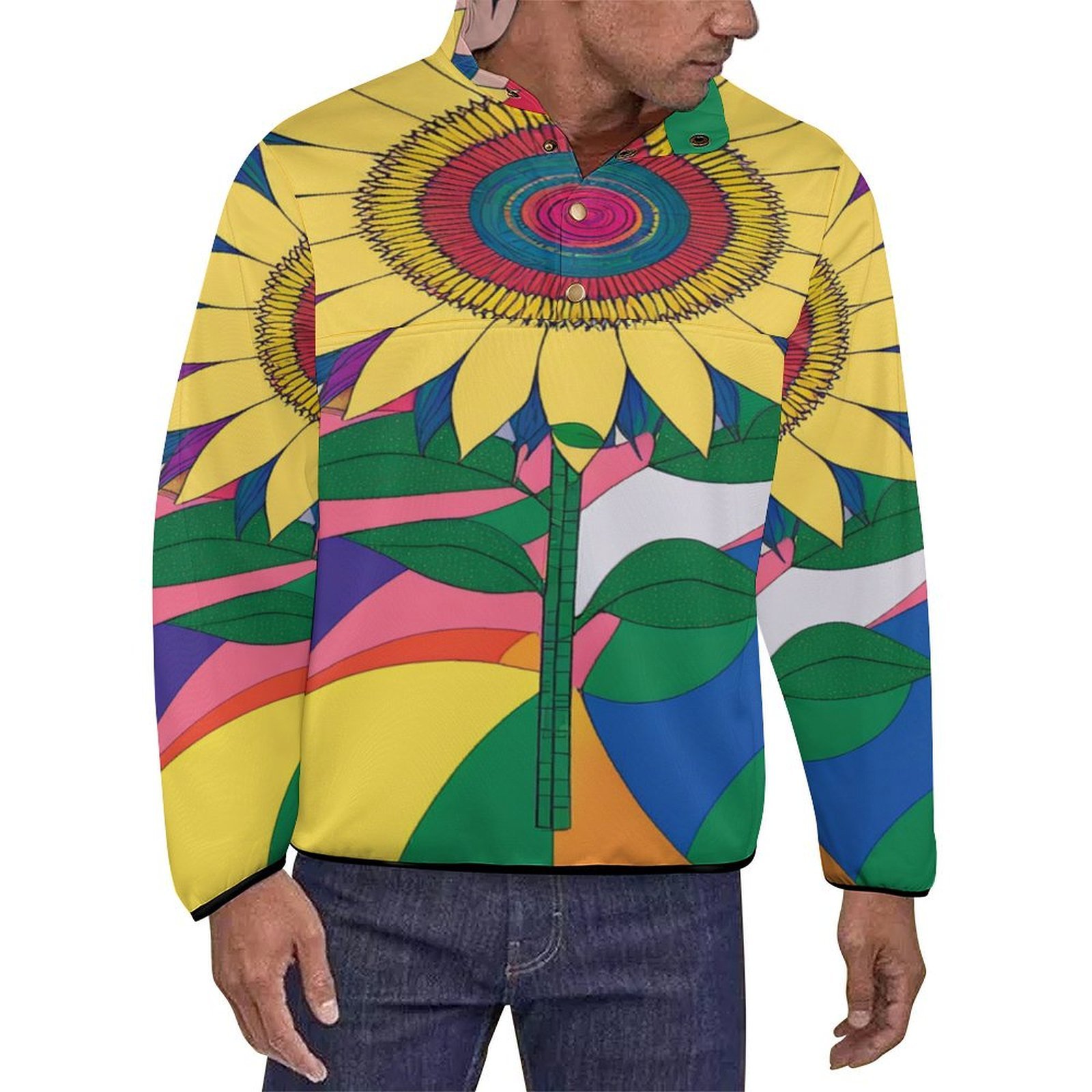 Psychedelic Floral Rainbow Art Men's Stand Collar Sweater Long Sleeve ...