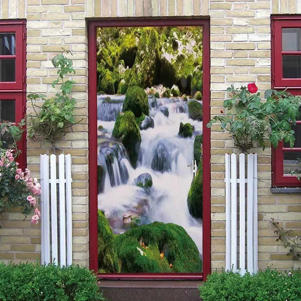 Psychedelic Forest Waterfall Door Sticker Fantasy Woods Creek Decal ...