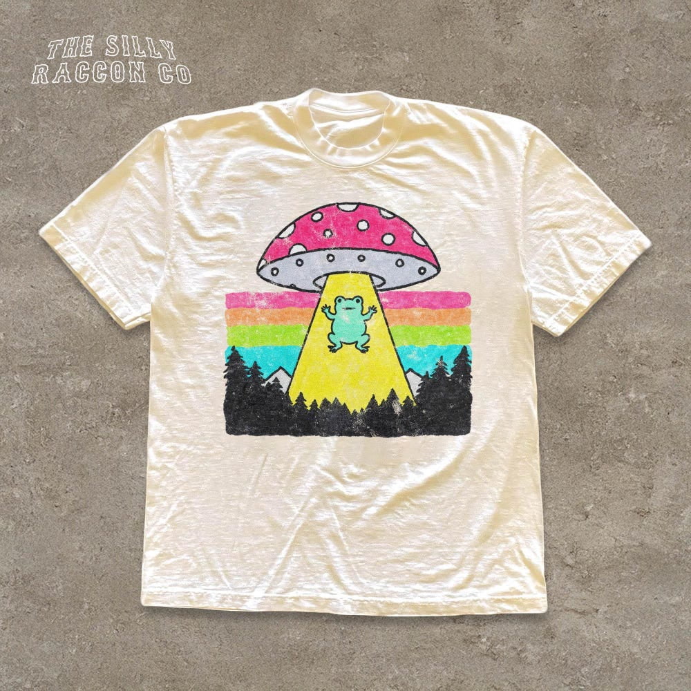 Psychedelic Frog T-Shirt, Alien Abduction Mushroom Ufo Tee, Funny Core ...