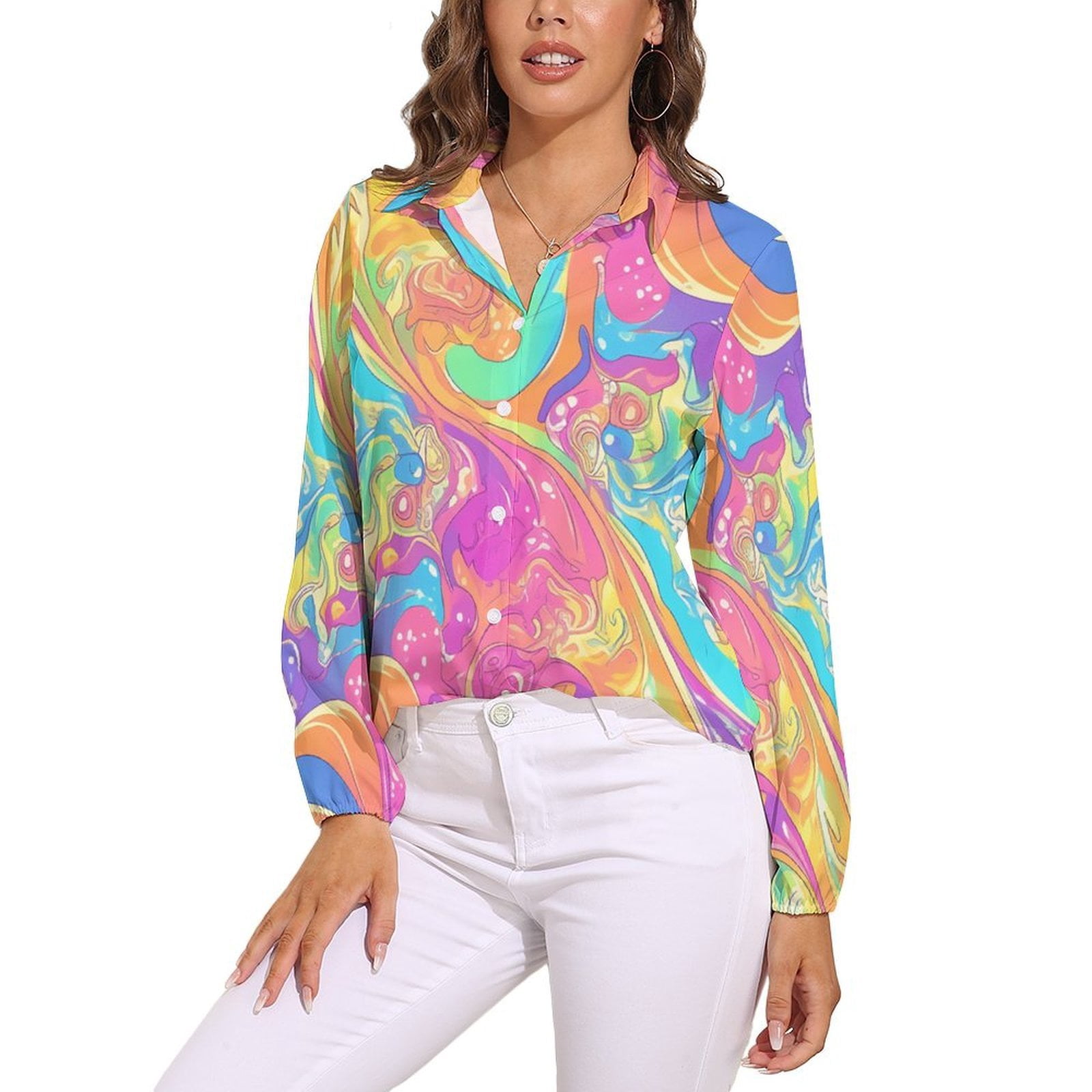 Psychedelic Glowing Colors Pattern (2) Long Sleeve Blouse Woman ...