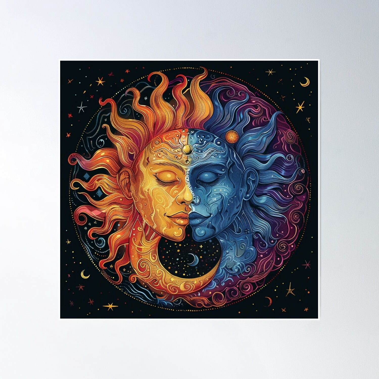 Psychedelic High Contrast Art Illustration Of Sun And Moon Poster Wall ...