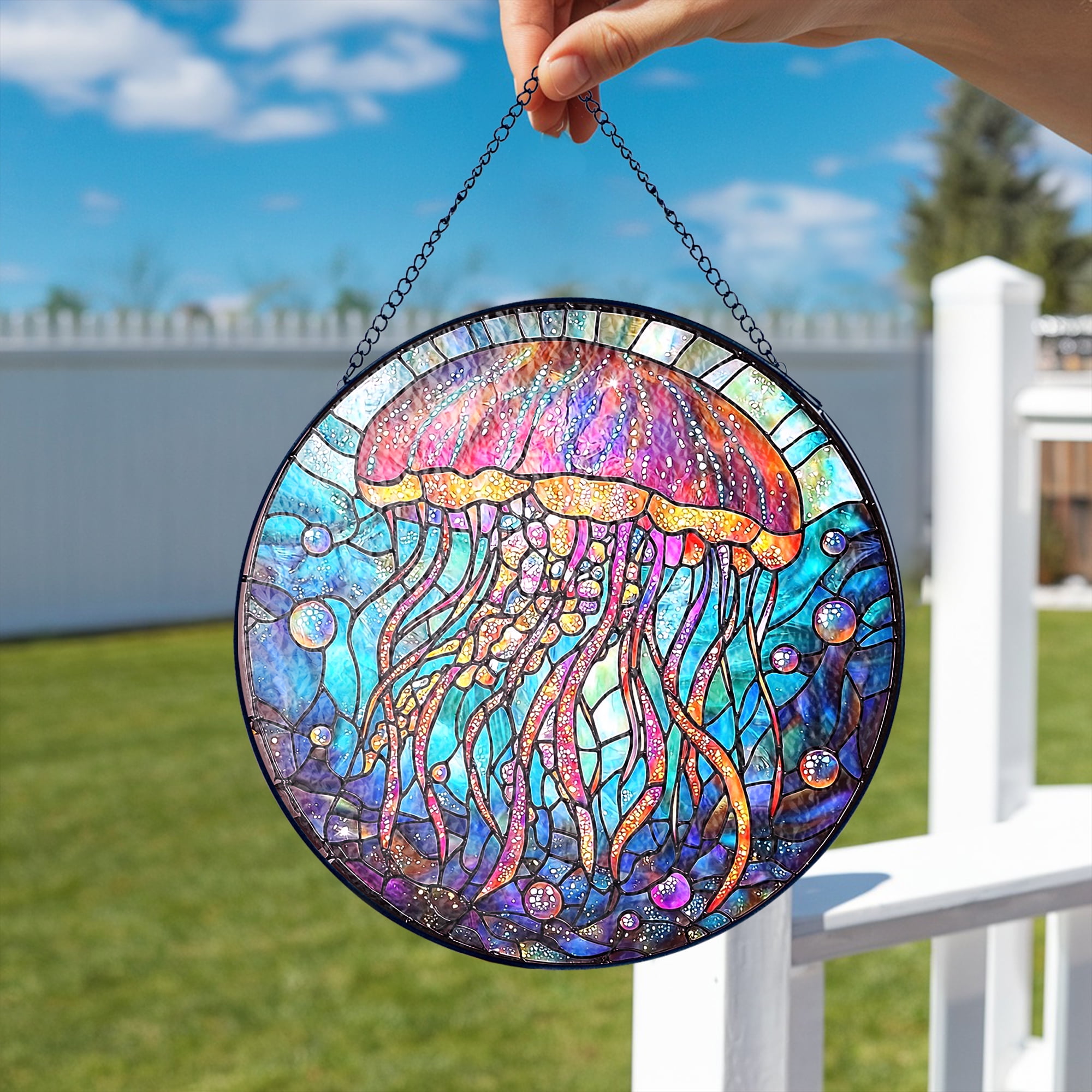 Psychedelic Jellyfish Stained Glass Window Hanging, Colorful Suncatcher ...