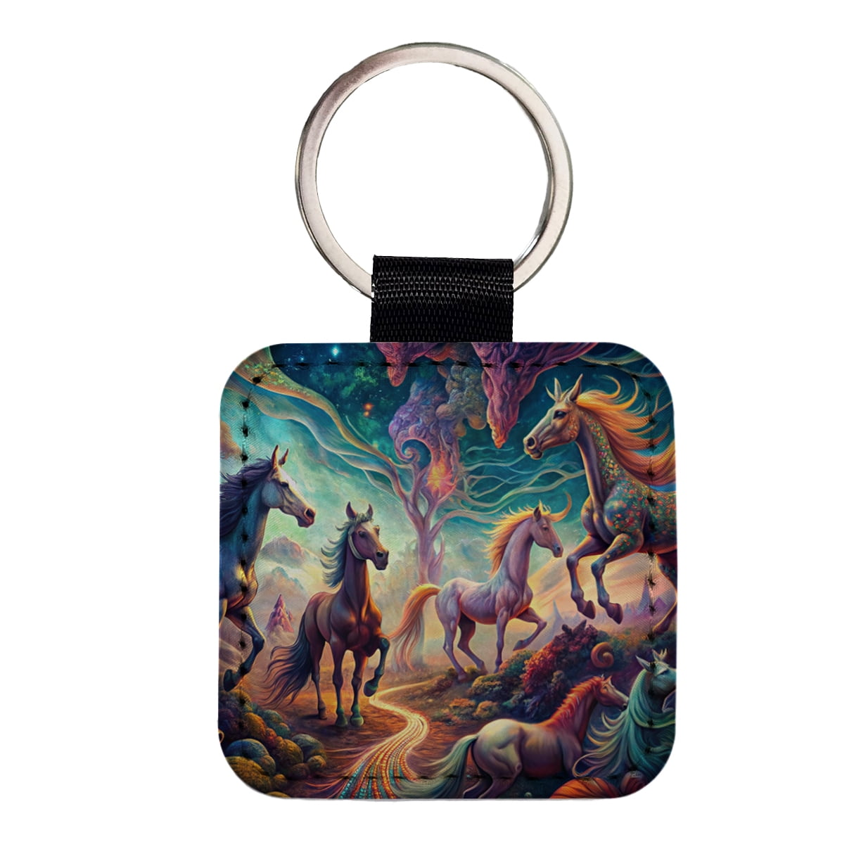Psychedelic Lots of Horses Vibrant Colors Faux Leather Square Keychain ...