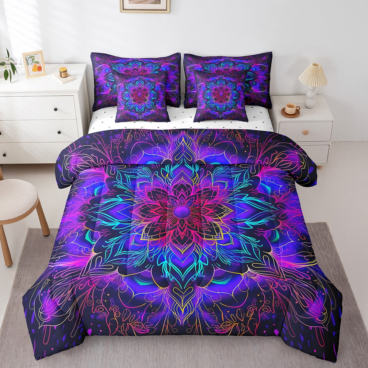 Psychedelic Lotus 7 Piece Comforter Set Full Bed in a Bag,Bohemian ...
