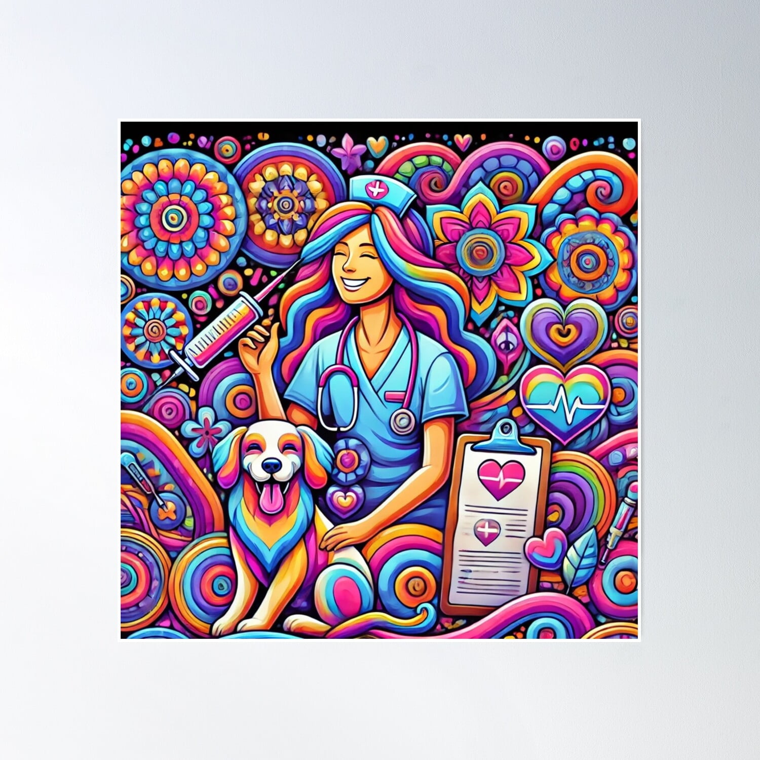 Psychedelic Nurse With Joyful Dog And Medical Symbols Poster Wall Art ...