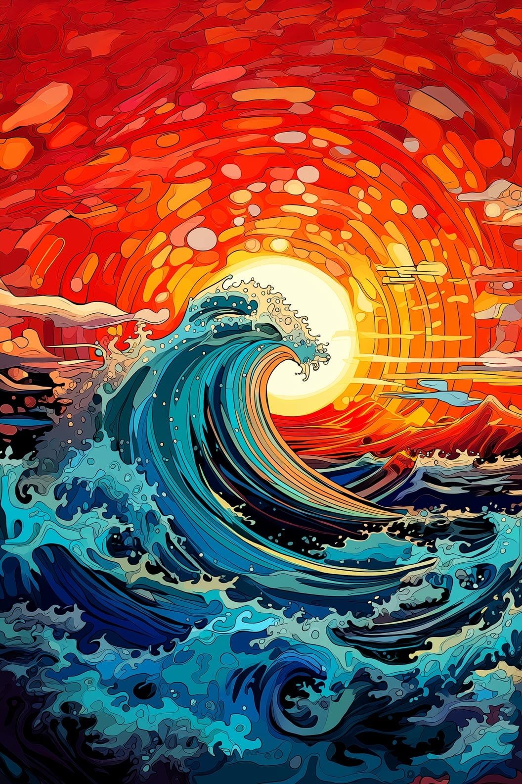 Psychedelic Ocean Wave Poster – Vibrant Sunset Art Style 【Coated Paper ...