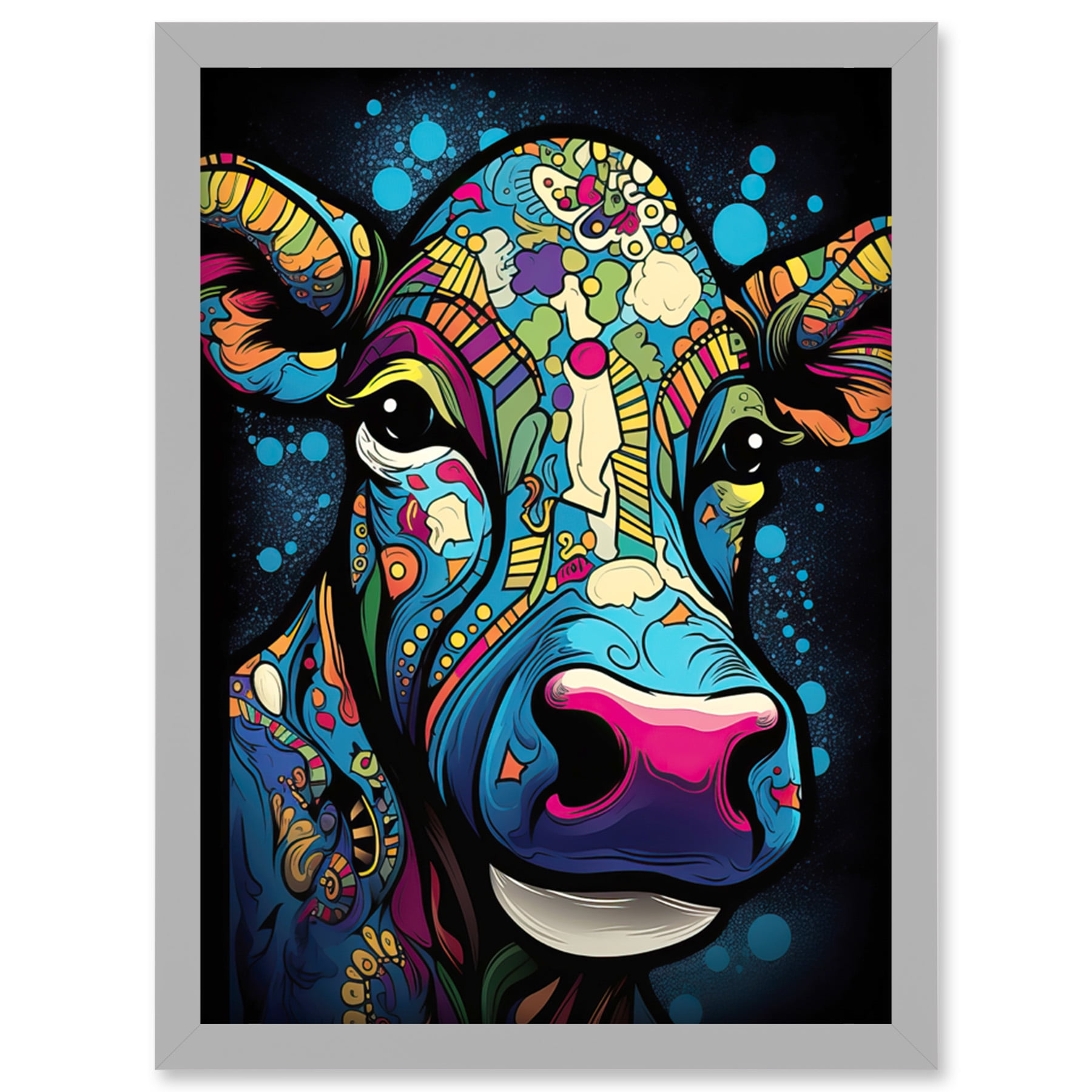 Psychedelic Pattern Cow Acrylic Painting Colourful Folk Portrait Modern ...