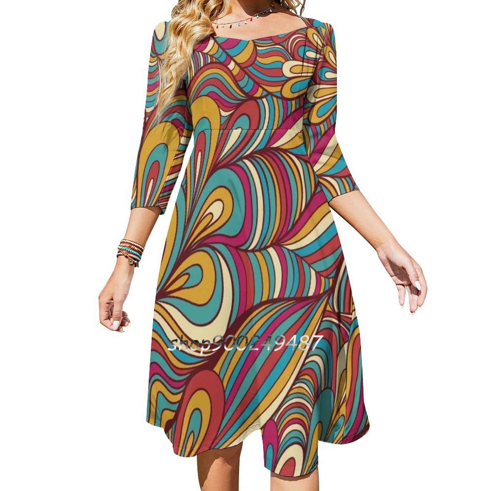 Psychedelic Pattern Square Neck Dress New Plus Size Elegant Women Waist ...