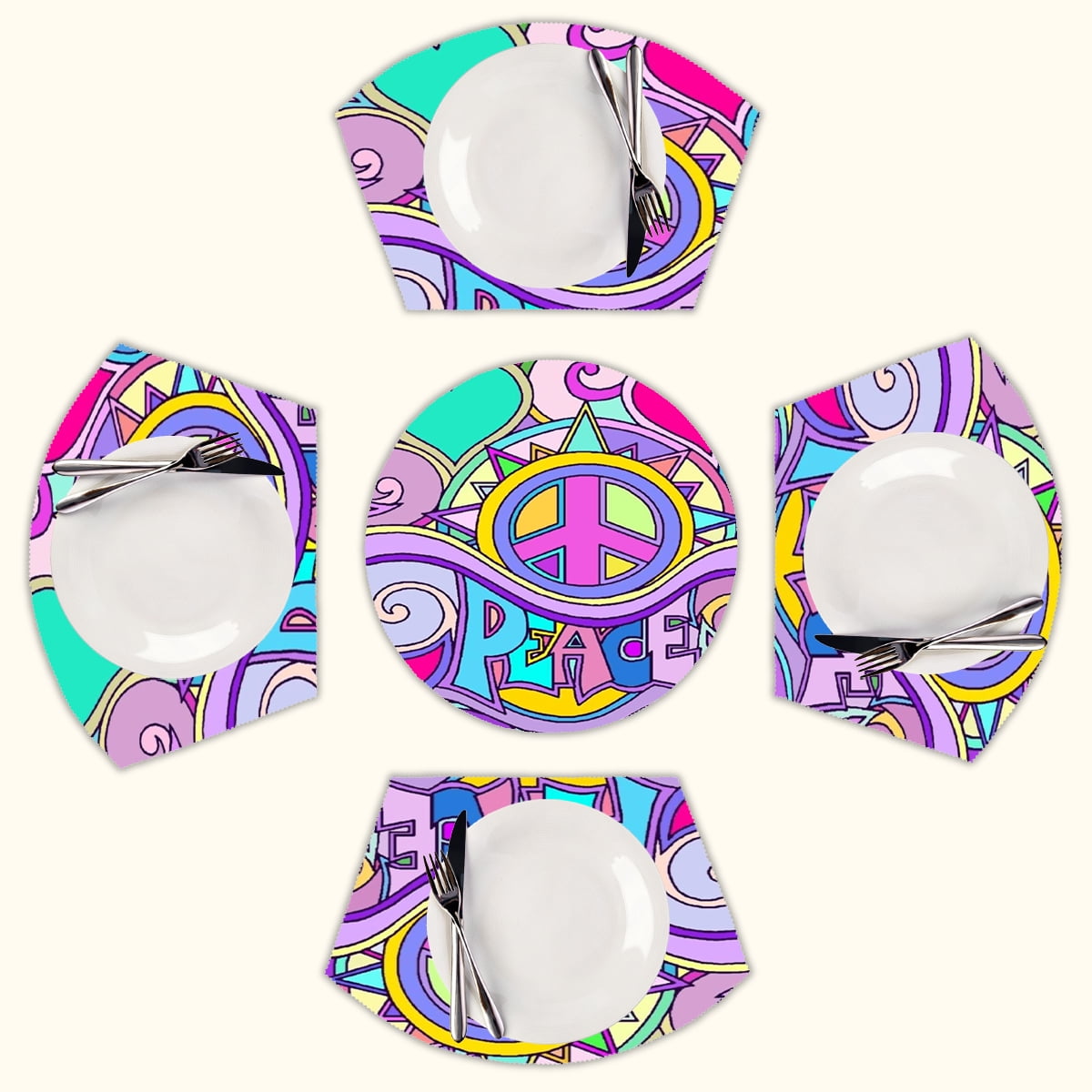 Psychedelic Peace Sign Art Prints Round Table Placemats Set Of 5 Wedge ...