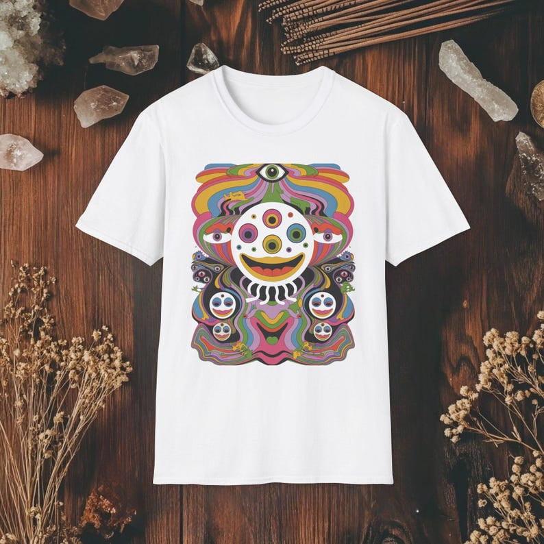 Psychedelic Smiley Vision T-Shirt: Colorful Abstract Faces Shirt ...