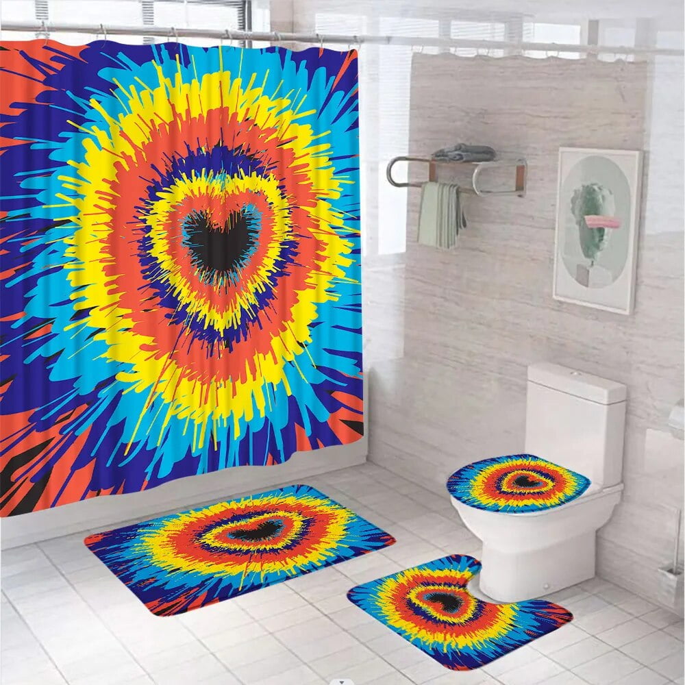 Psychedelic Tie Dye Shower Curtains Set with Rug Lid Toilet Cover Bath Mat Swirl Boho Hippie ...