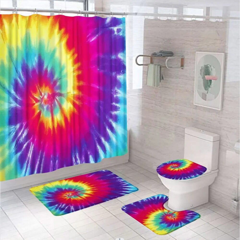 Psychedelic Tie Dye Shower Curtains Set with Rug Lid Toilet Cover Bath Mat Swirl Boho Hippie ...