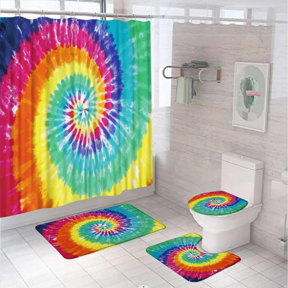 Psychedelic Tie Dye Shower Curtains Set with Rug Lid Toilet Cover Bath ...