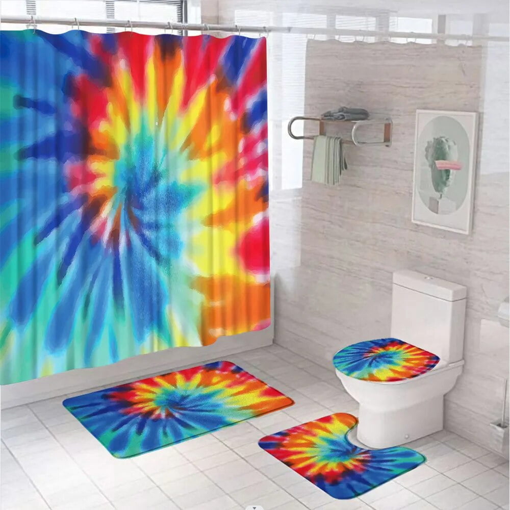 Psychedelic Tie Dye Shower Curtains Set with Rug Lid Toilet Cover Bath Mat Swirl Boho Hippie ...