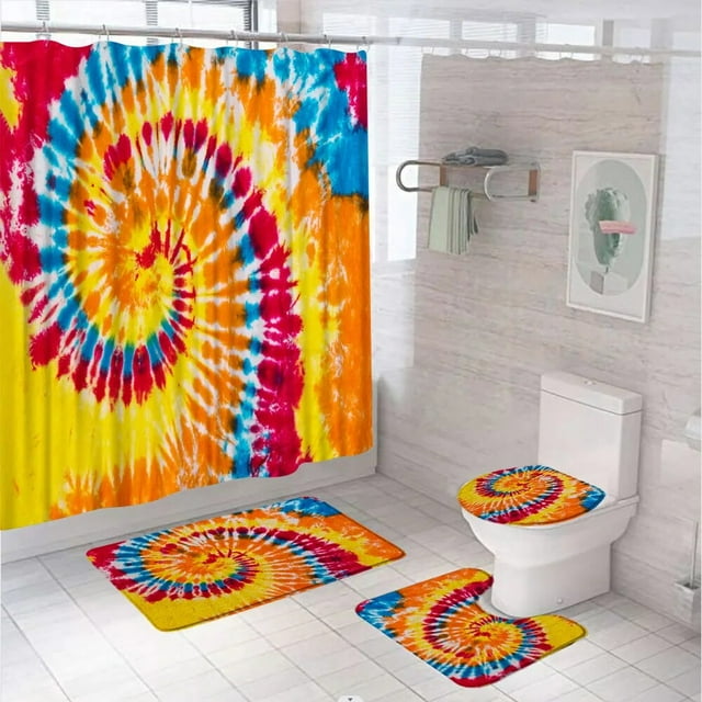 Psychedelic Tie Dye Shower Curtains Set with Rug Lid Toilet Cover Bath Mat Swirl Boho Hippie ...