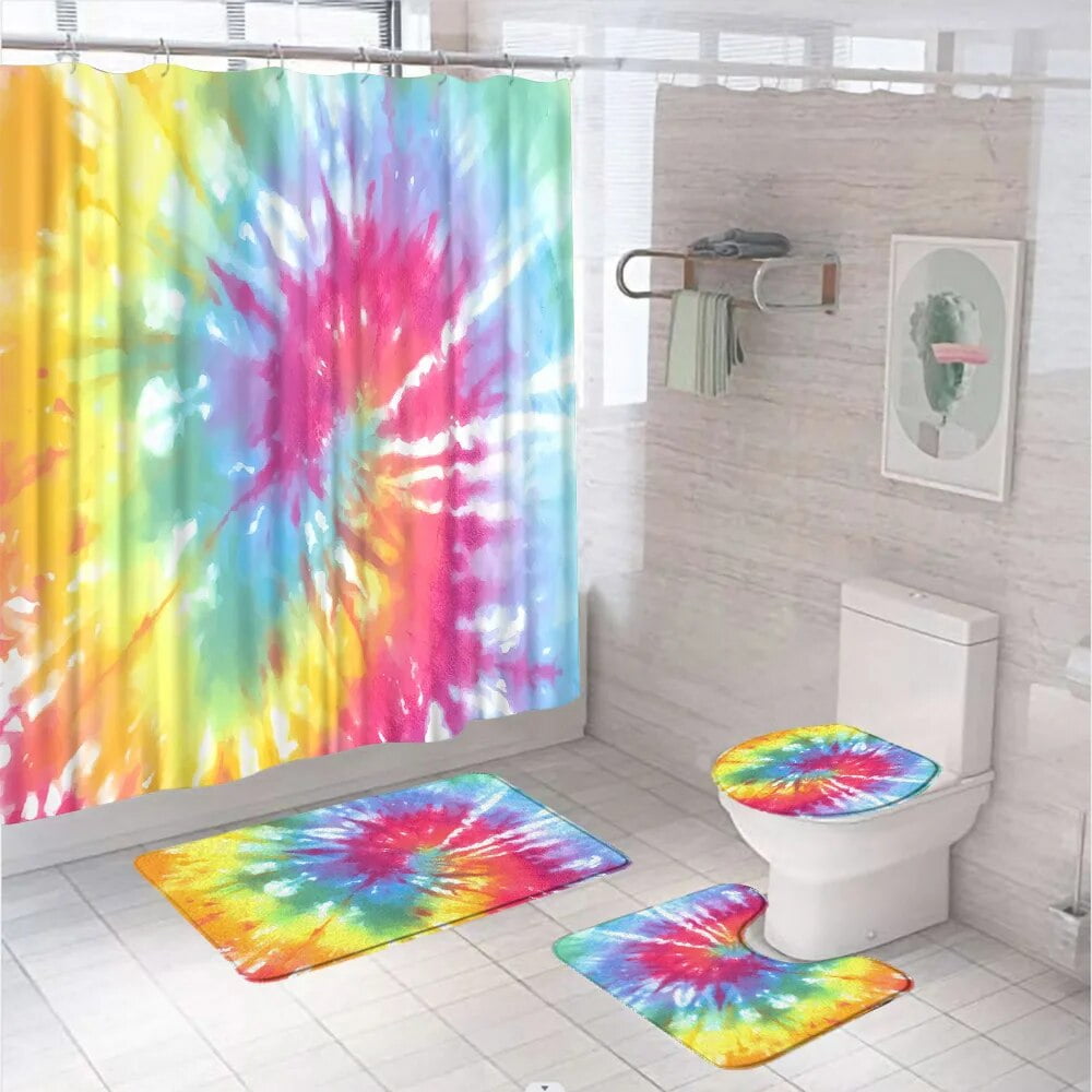Psychedelic Tie Dye Shower Curtains Set with Rug Lid Toilet Cover Bath ...