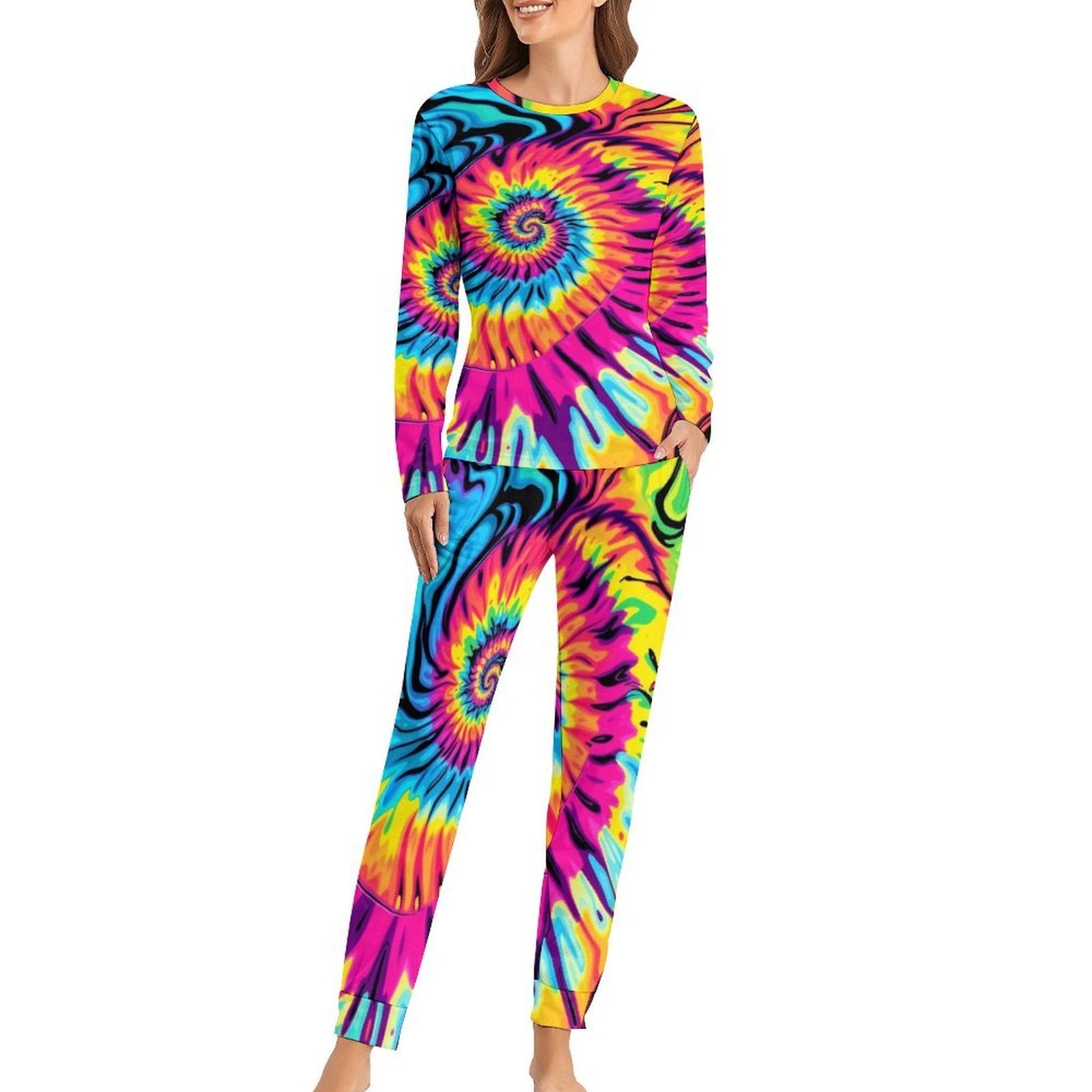 Psychedelic Tie Dye Swirl Pajamas Woman Nightwear Long Sleeve Two Piece ...