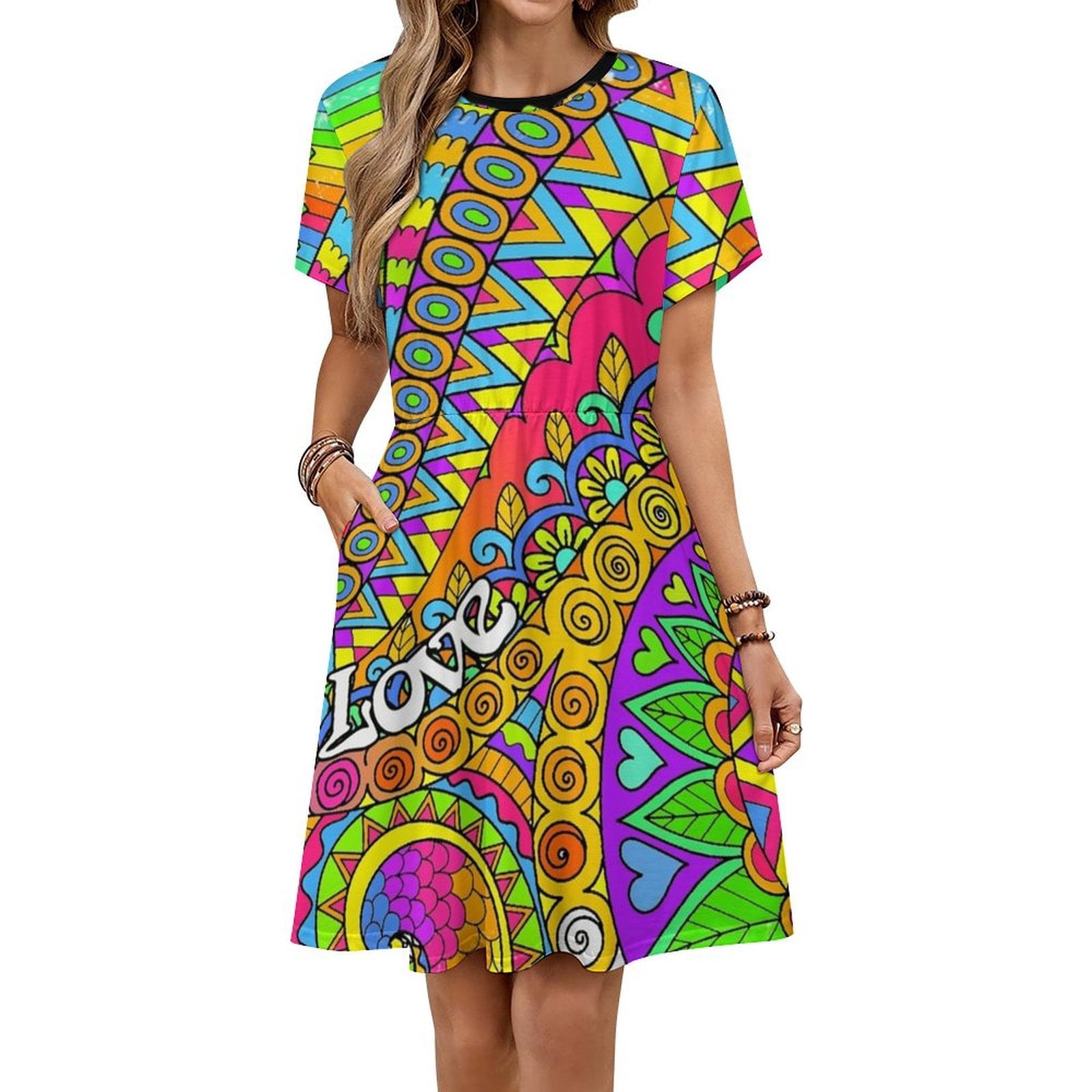 Psychedelic Trippy Colorful Hippy Art Dress Fashion Beach Short Sleeve ...