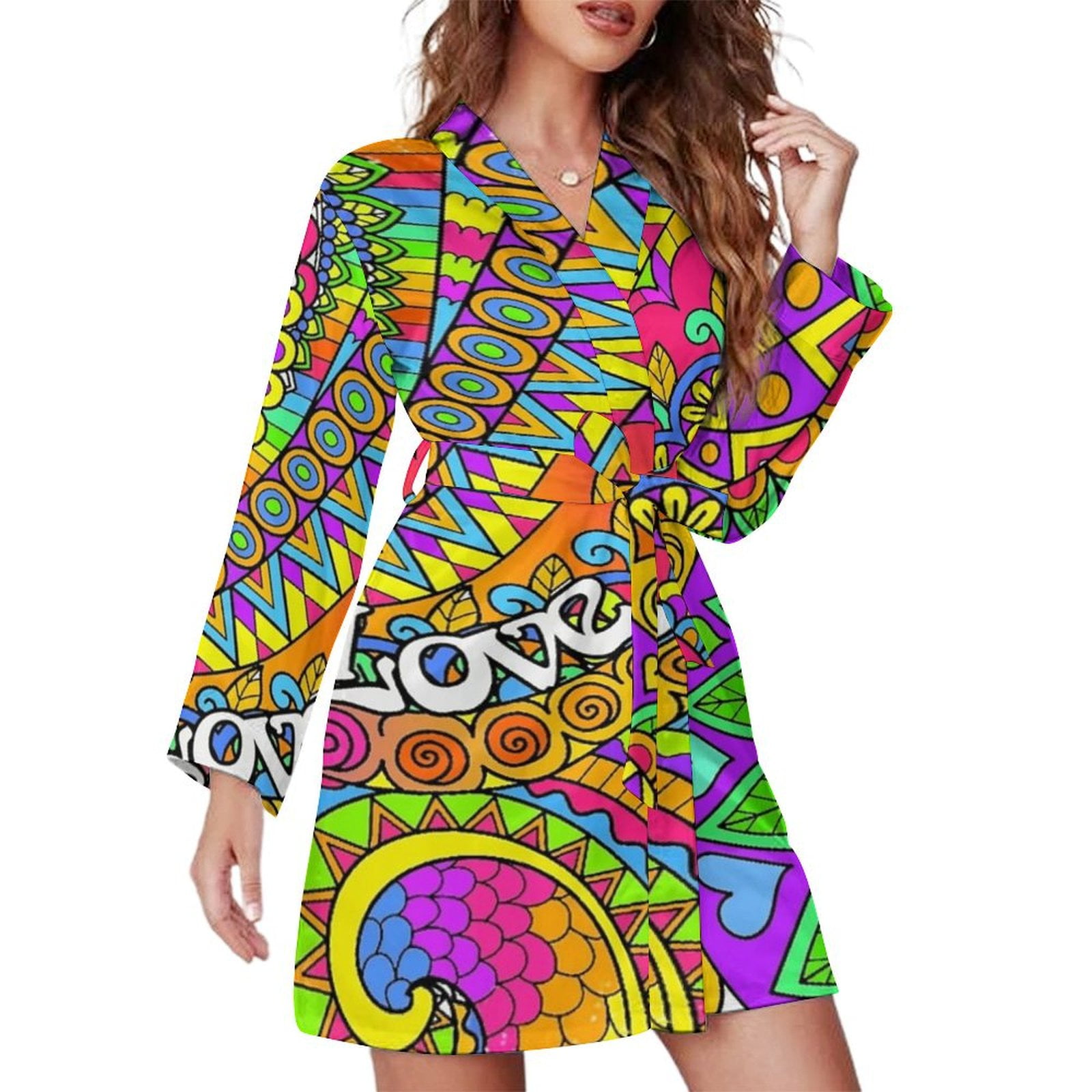 Psychedelic Trippy Colorful Hippy Art Night Robe Long Sleeve V Neck ...