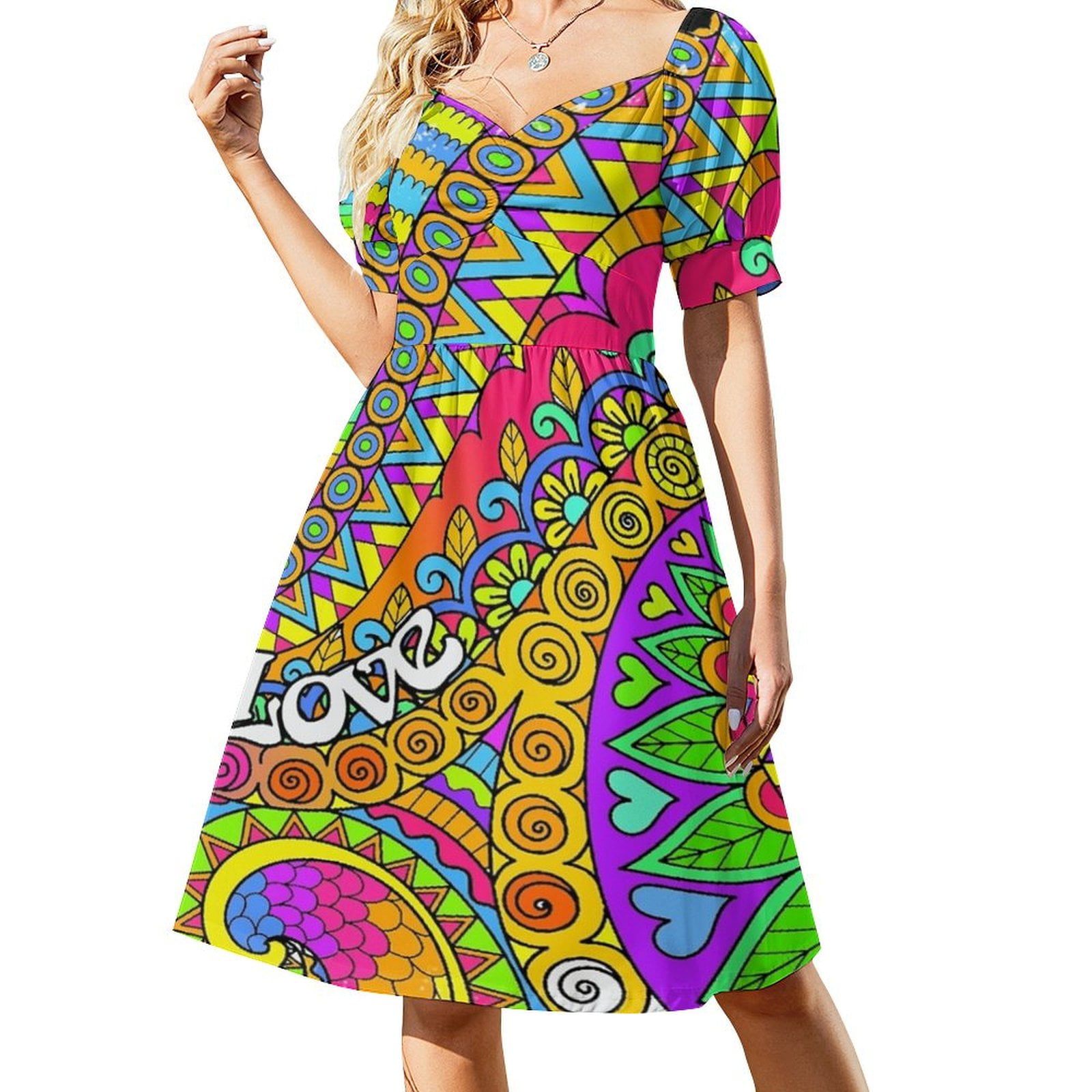 Psychedelic Trippy Colorful Hippy Art Short Sleeve Dress Clothes Women ...