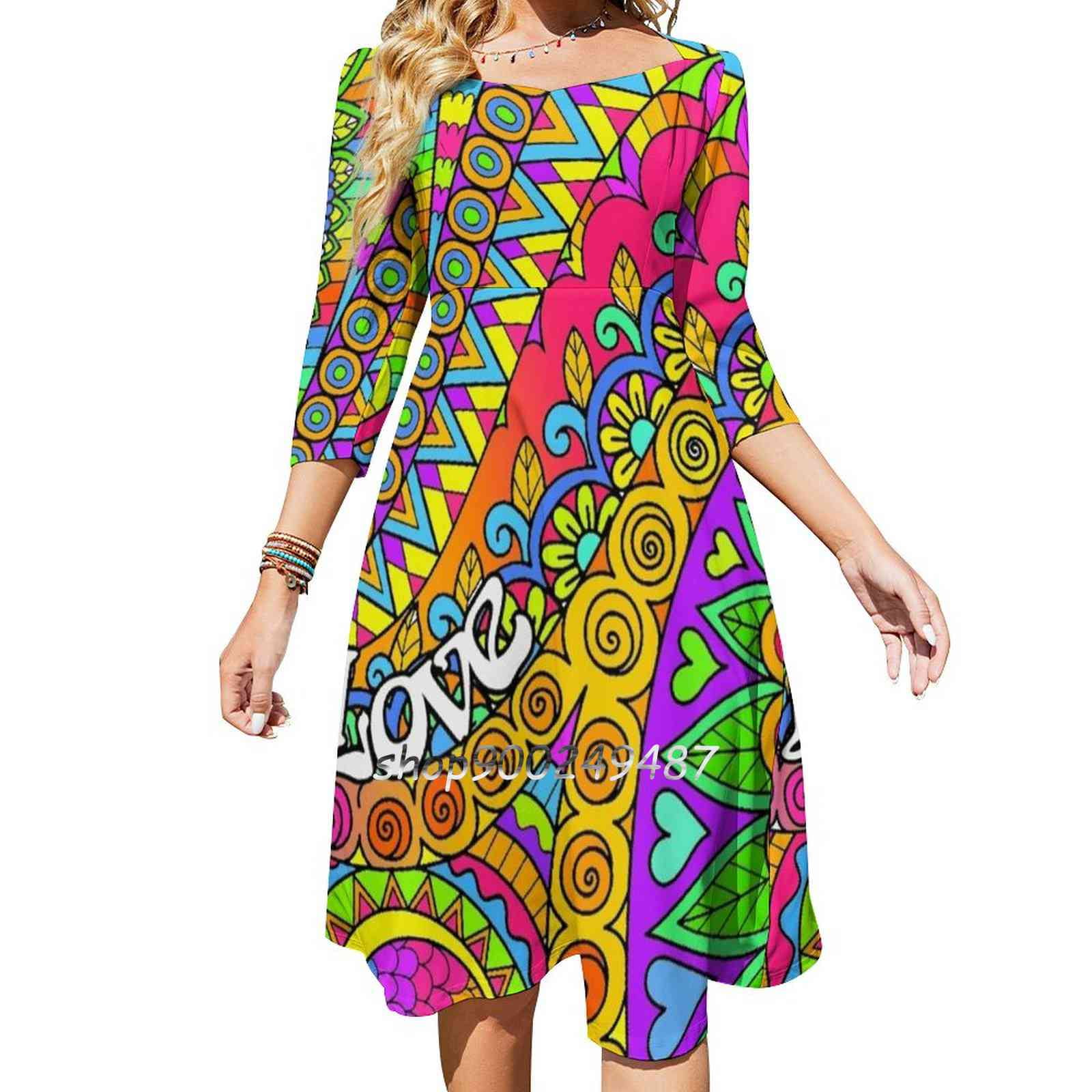 Psychedelic Trippy Colorful Hippy Art Square Neck Dress Cute Loose ...