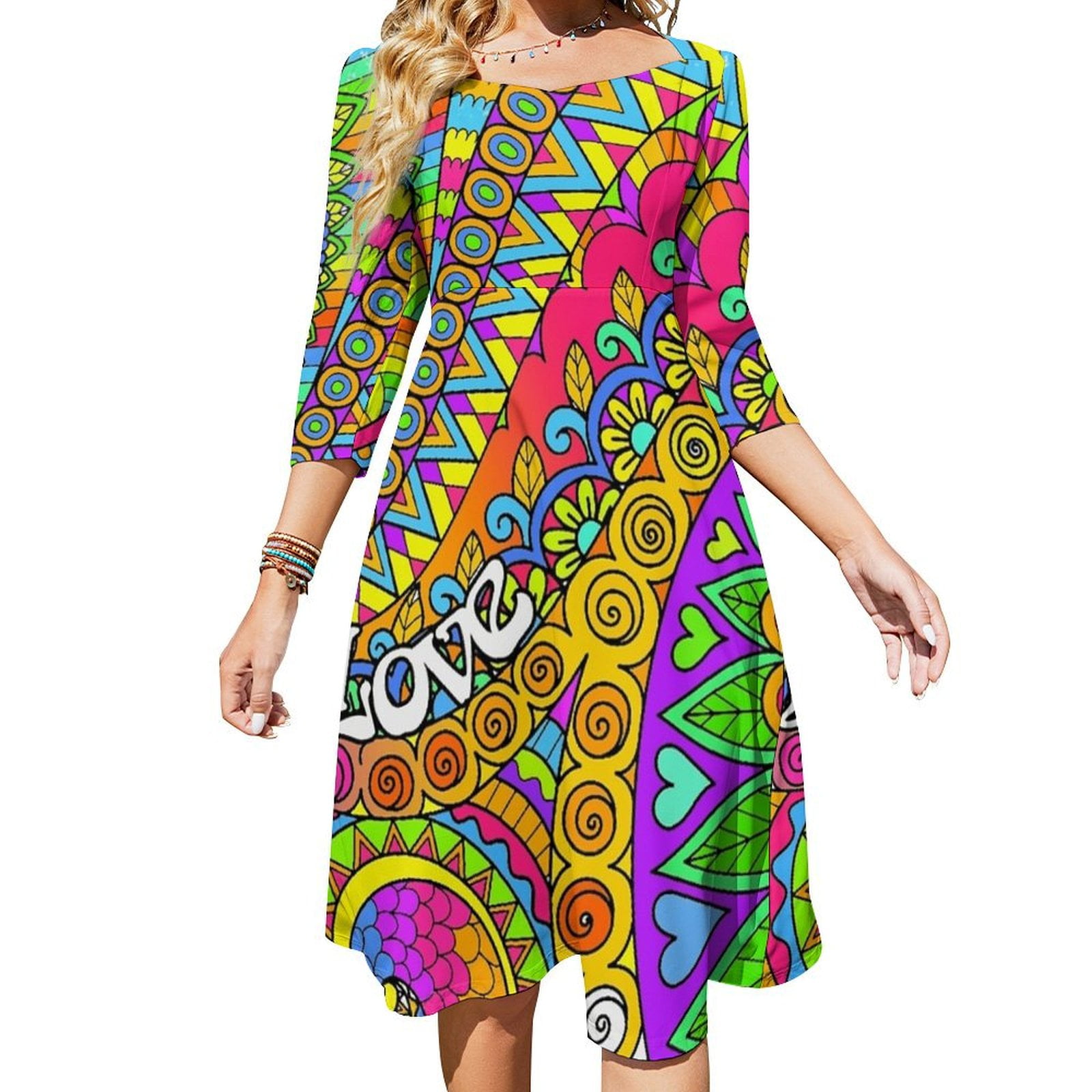 Psychedelic Trippy Colorful Hippy Art Sweetheart Knot Flared Dress Fashion Design Large Size ...