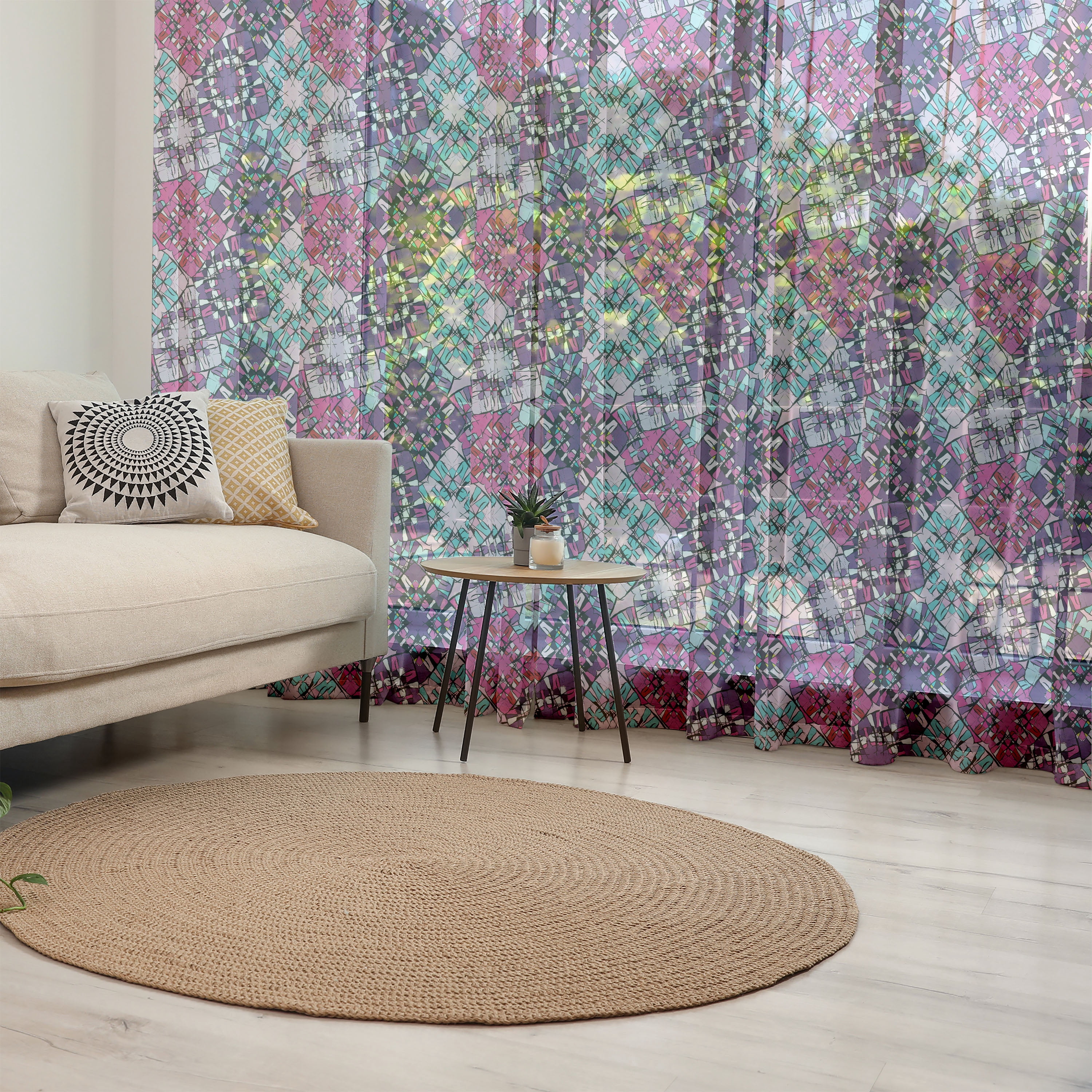 Psychedelic Tulle Curtains with Rod Pocket, Funky Geometrical Squares ...