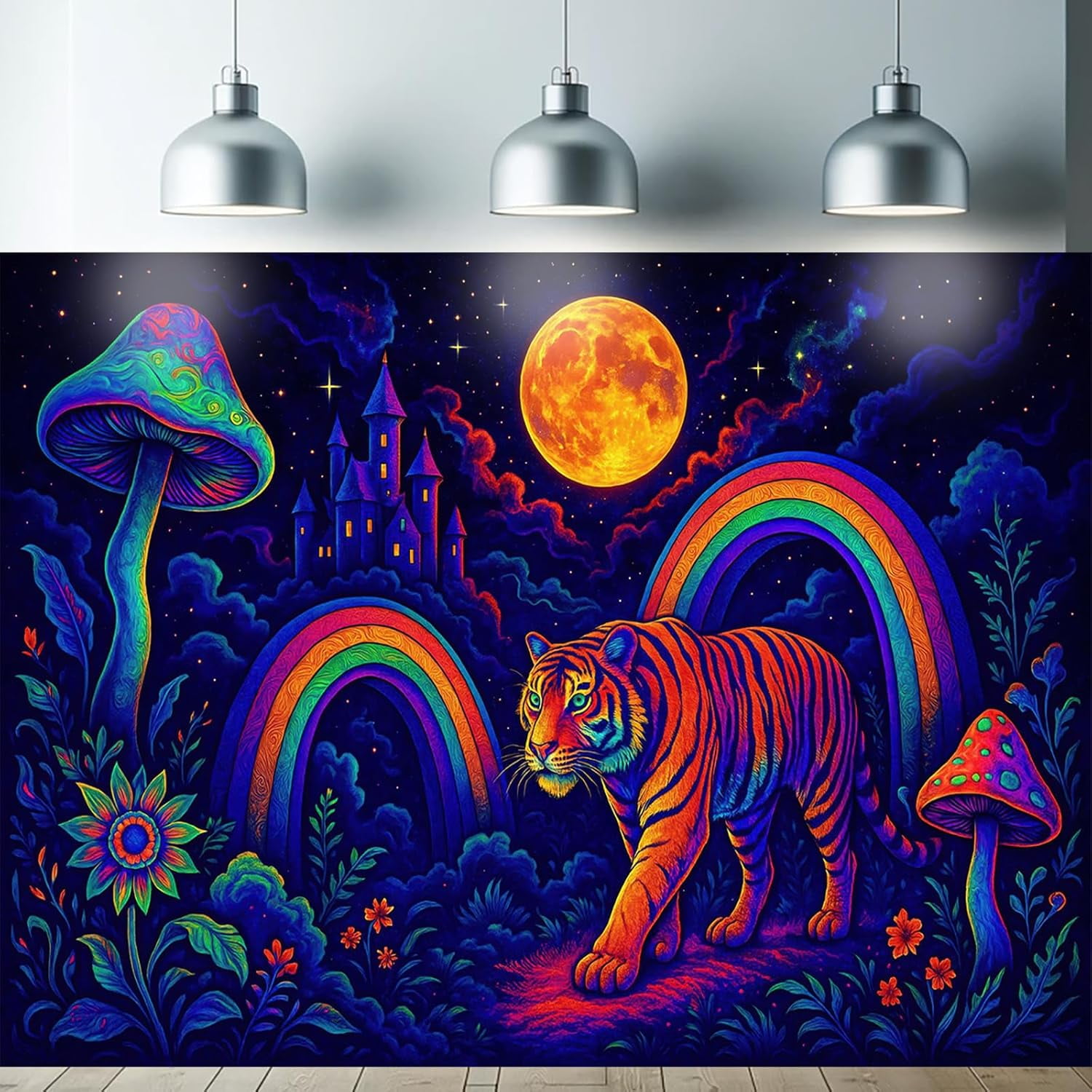 Psychedelic UV Reactive Tapestry Wall Hanging Rainbow Mushroom Castle ...