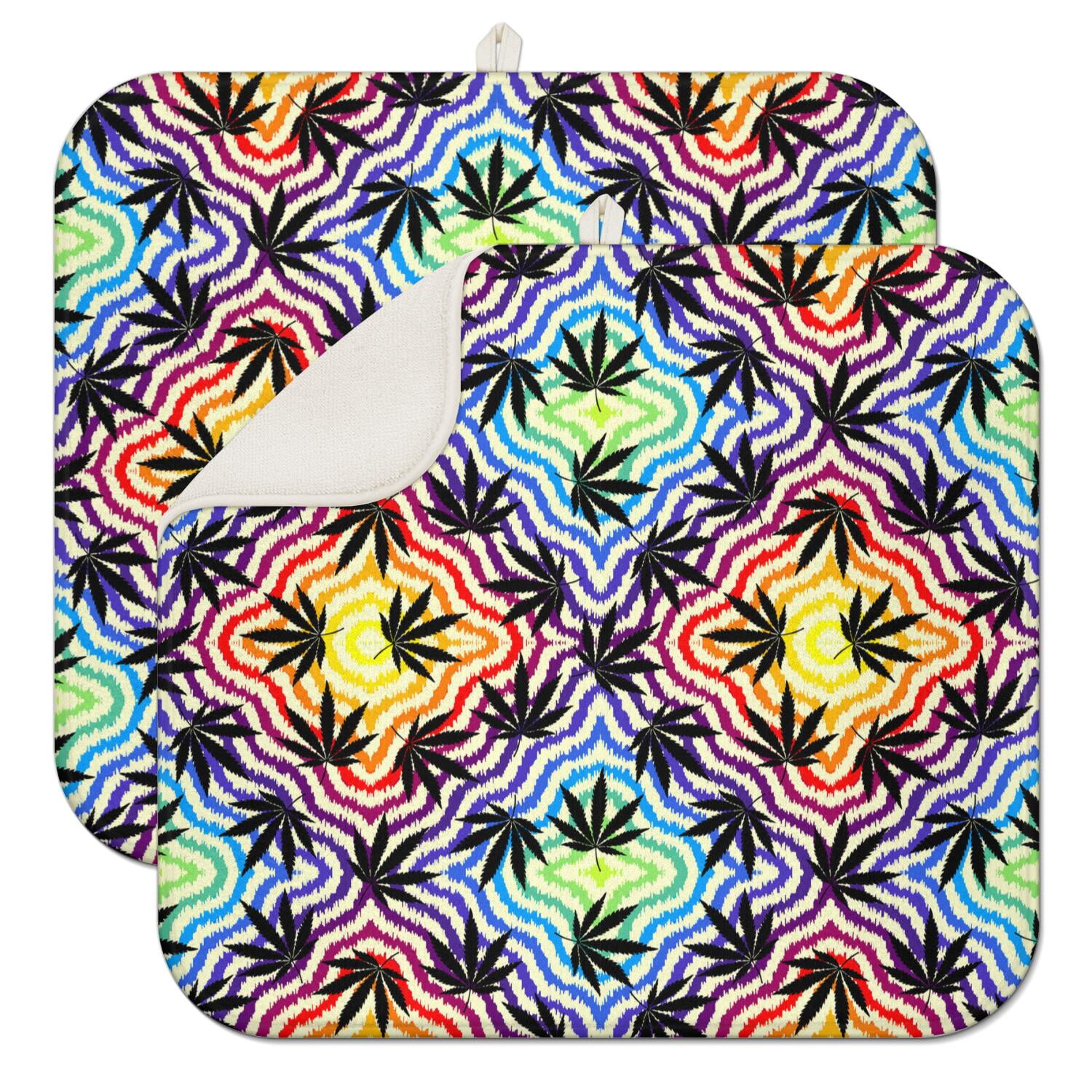 Psychedelic Weed Dish Drying Mat – Colorful Weed and Neon Marijuana ...