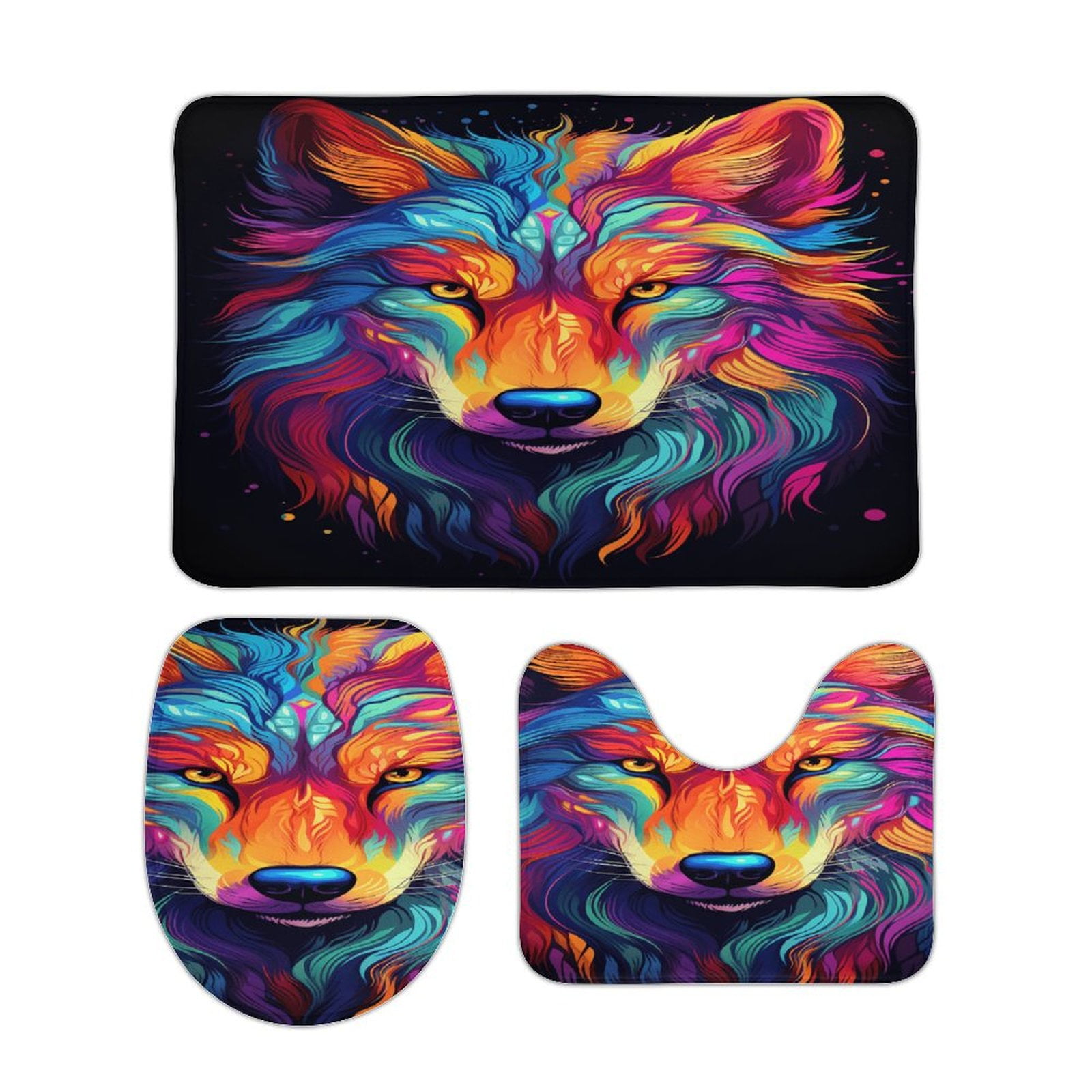 Psychedelic Wolves Animals Bathroom Rugs Set 3 Piece with Non-Slip Bath ...