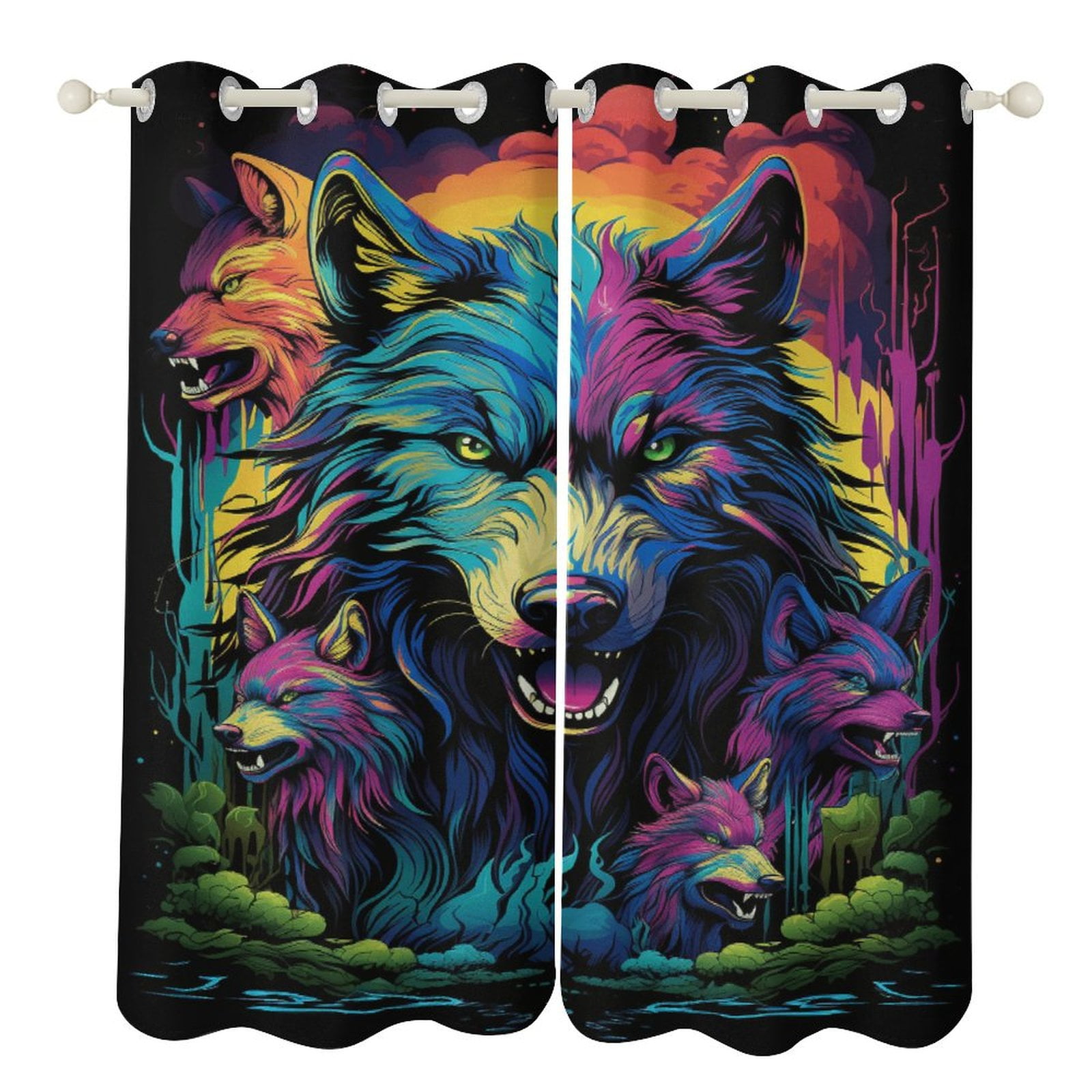 Psychedelic Wolves Animals Blackout Window Curtains for Bedroom Living ...