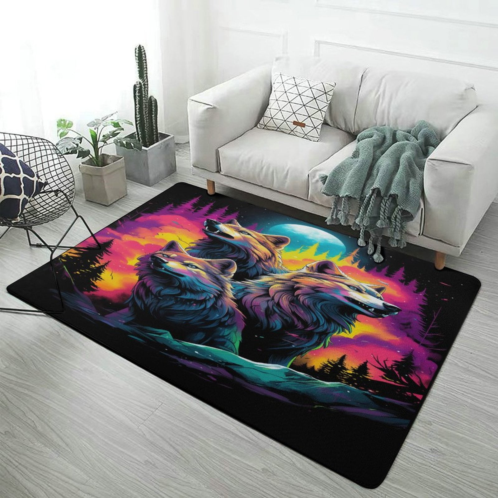 Psychedelic Wolves Animals Carpet Style Living Room Bedroom Rug Modern ...