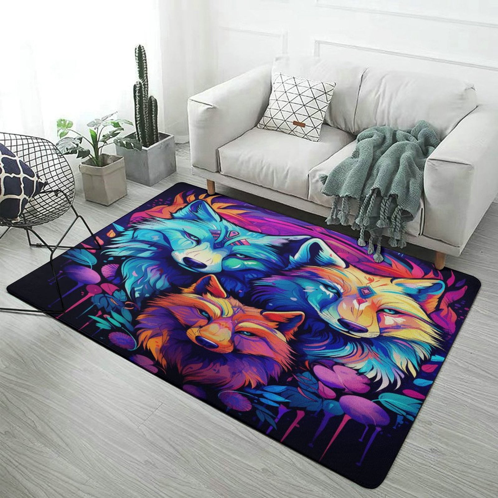 Psychedelic Wolves Animals Carpet Style Living Room Bedroom Rug Modern ...
