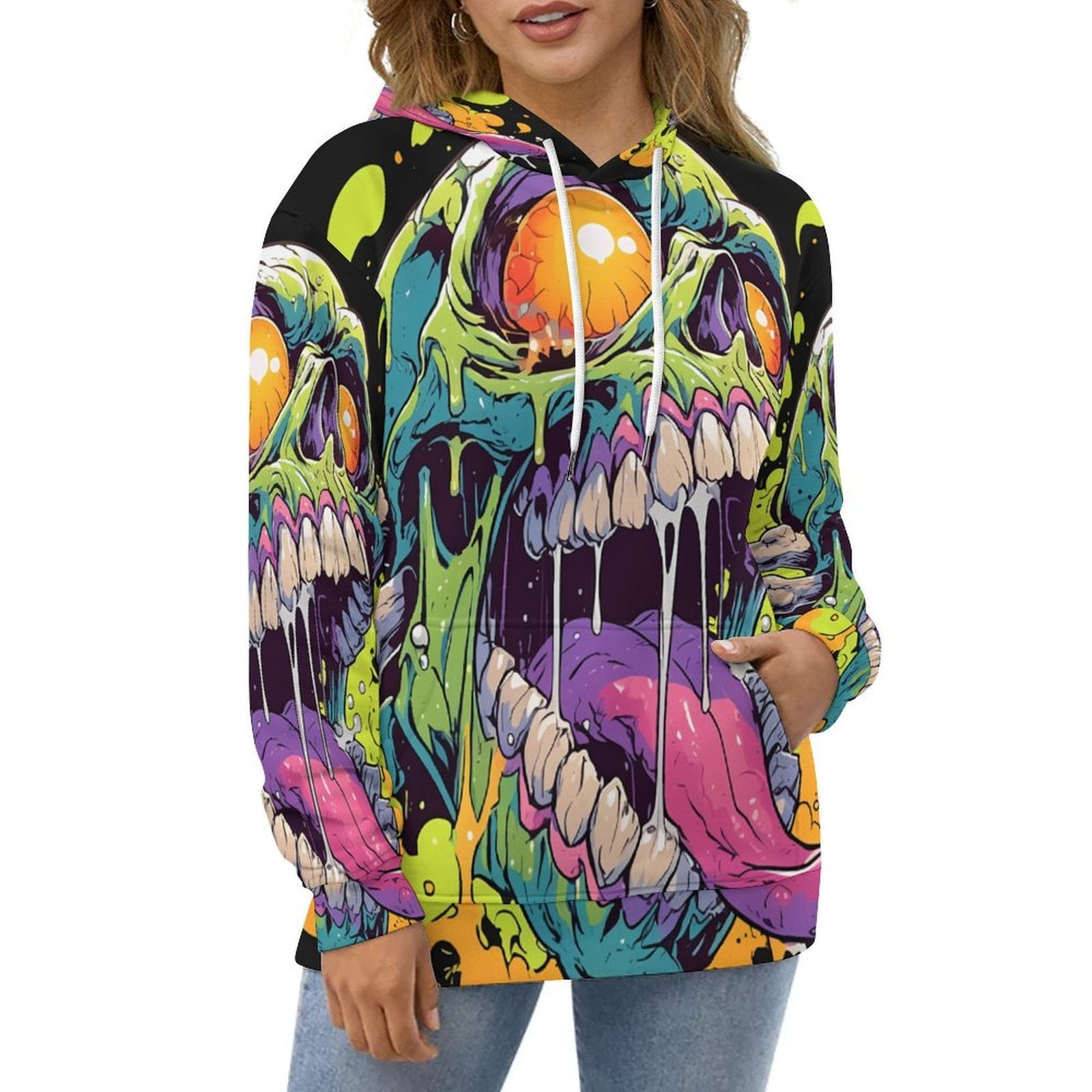 Psychedelic Zombie Skull Print Oversized Hoodies For Woman Pullover ...