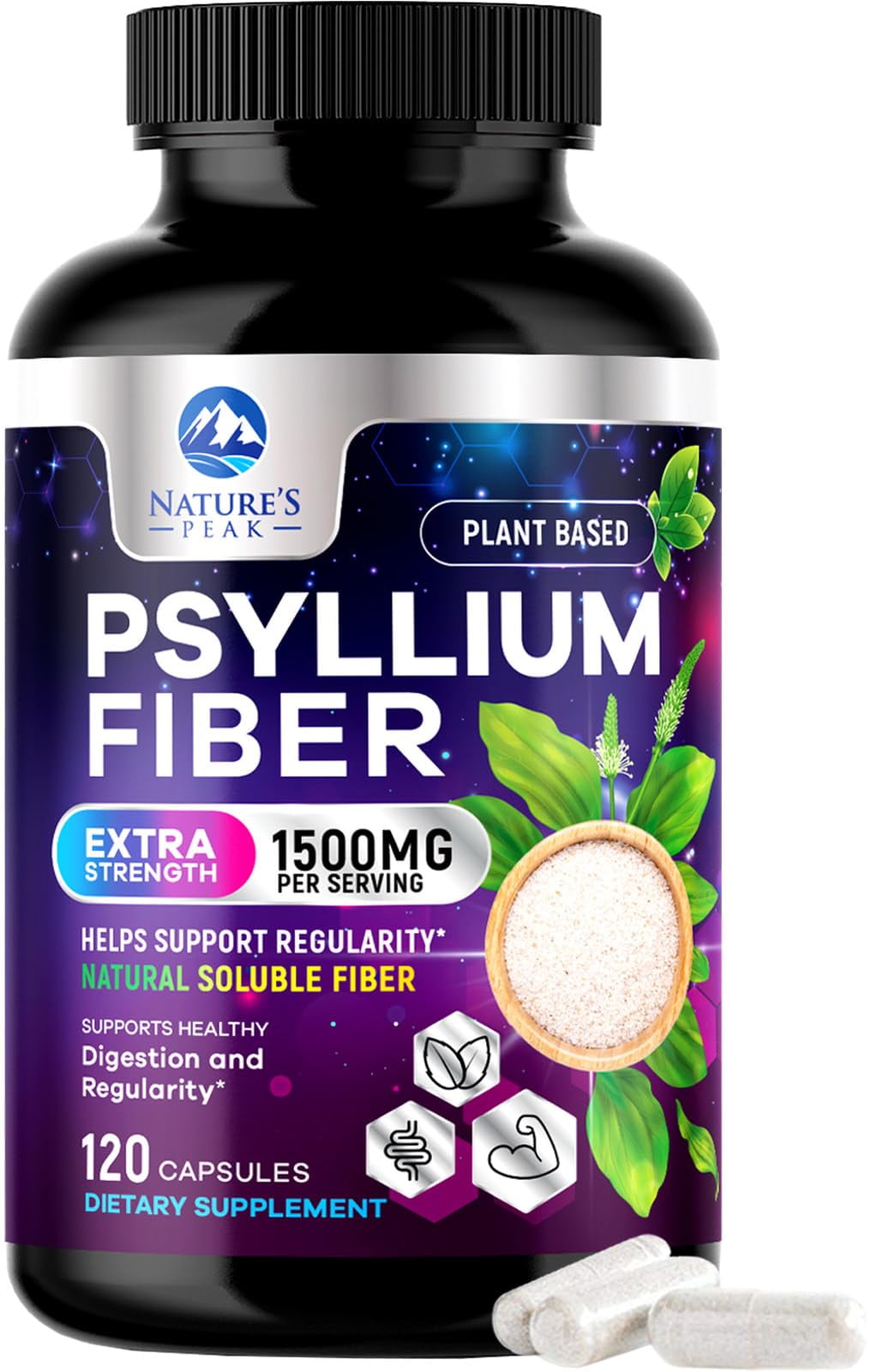 Psyllium Husk Fiber Supplement 1500mg - Vegan Prebiotic, Soluble Fiber ...