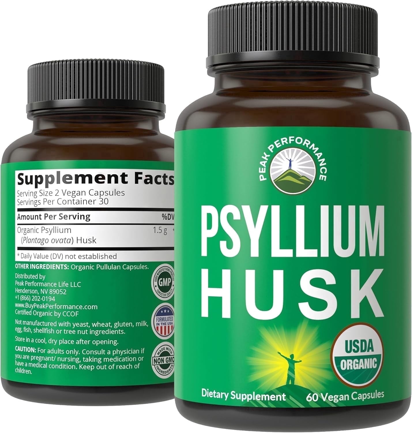 Peak Performance Organic Psyllium Husk Fiber Supplement Capsules, USDA ...
