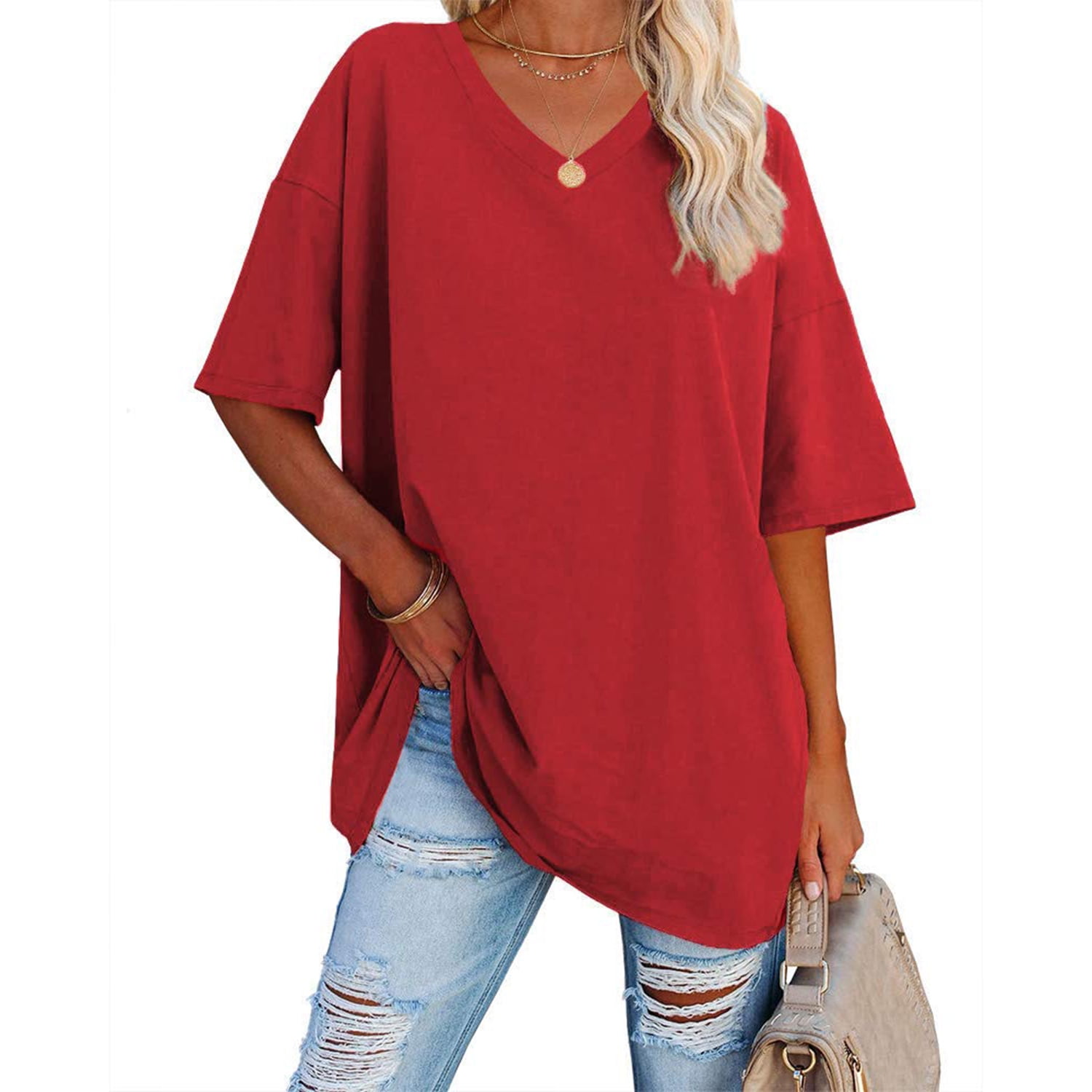 Ptaesos Women Oversized T Shirts Short Sleeve V Neck Loose Solid Color